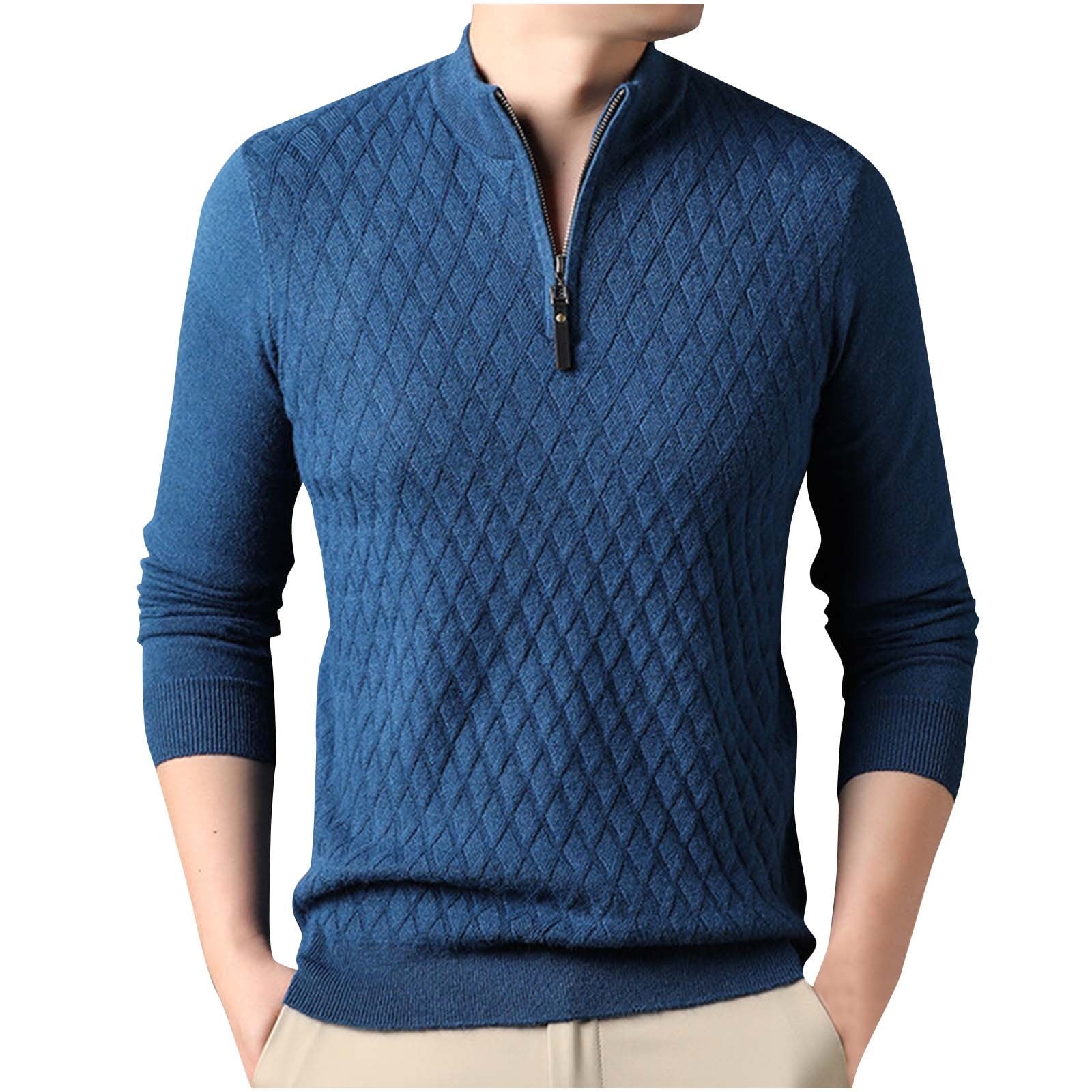 Royal Blue Mens Lounge Half Zip Up Long Sleeve for Mens Collared Neck Sweater Argyle Print ...