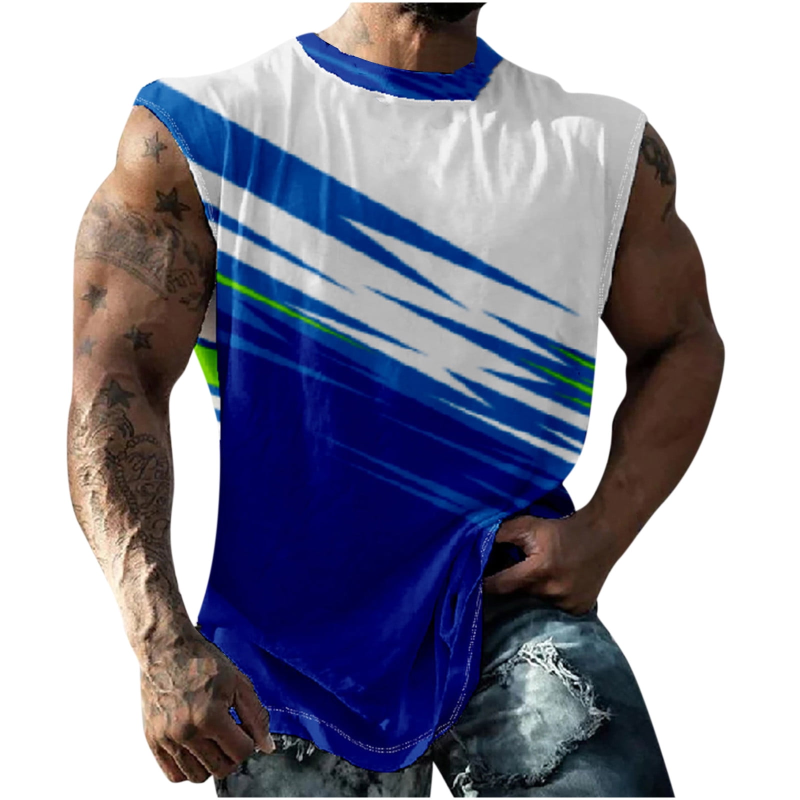 Royal Blue Mens Sleeveless Vests Color Block Loose Fit Vest Tops for ...