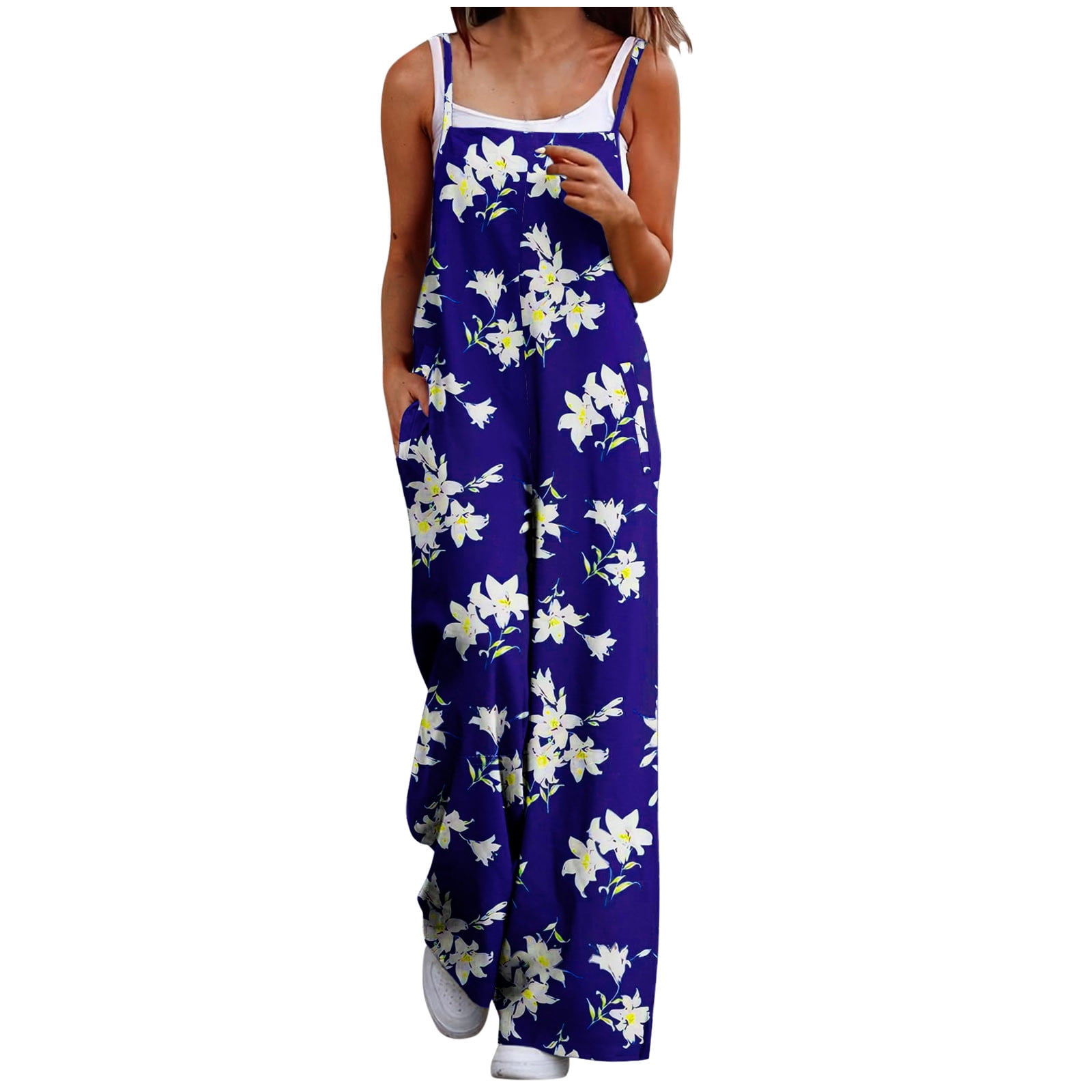 Royal Blue Pants for Women Fall Summer Floral Graphic Loose Fit Casual ...