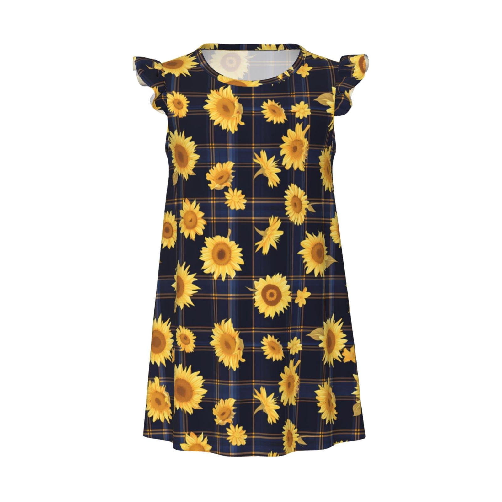 Royal Blue Plaid Sunflower Girls Nightgowns, Short Sleeves Dress Girls ...