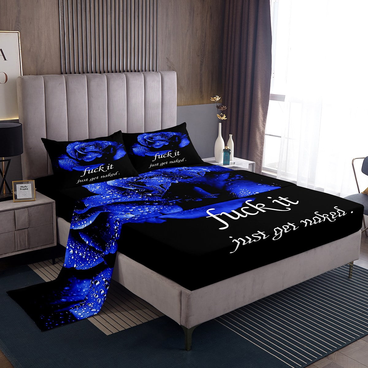 Royal Blue Rose Bed Sheets Set King, Get Naked Sheet Set, Romantic ...