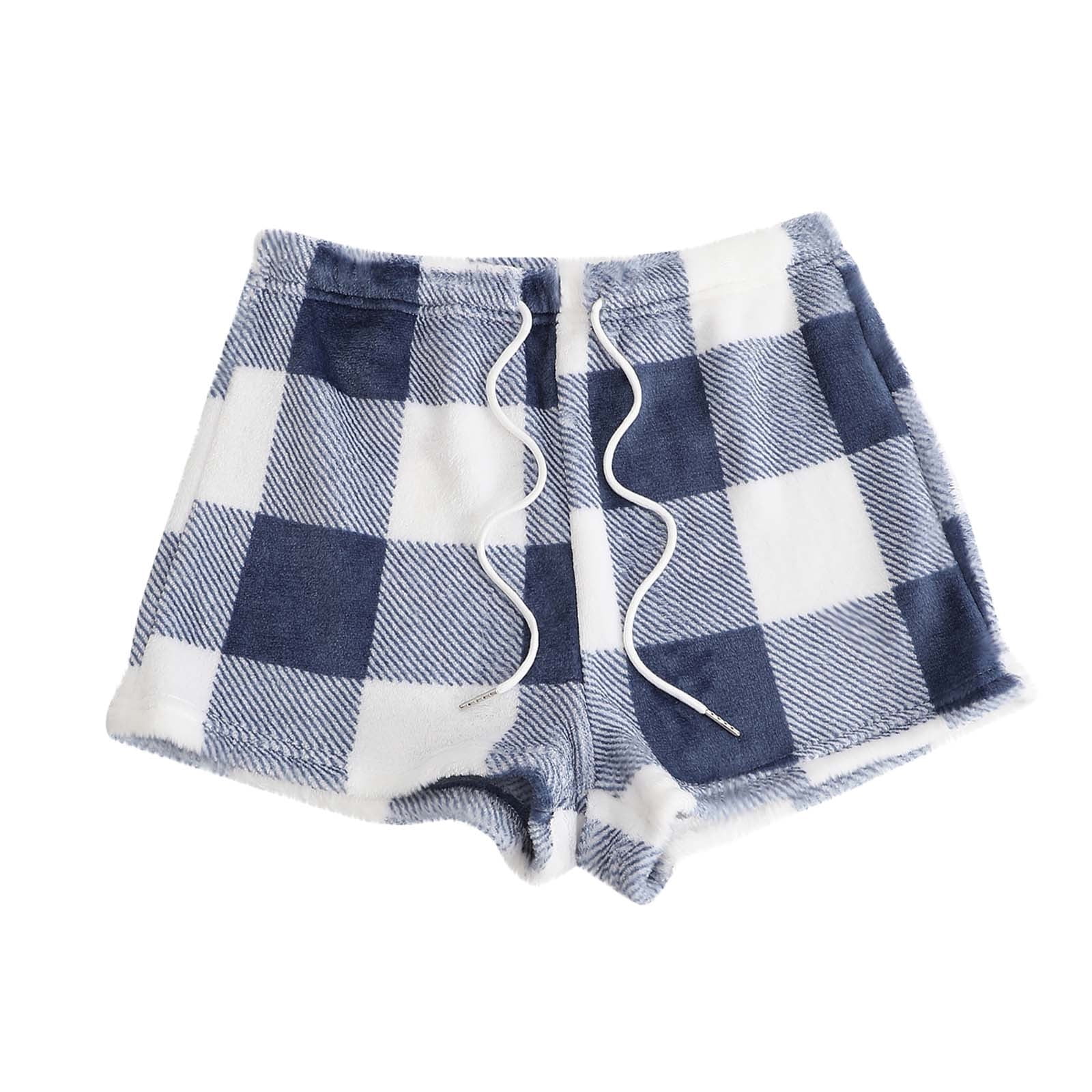 Royal Blue Ruched Plaid Thermal Fuzzy Straight Leg Plain Brunch Shorts ...
