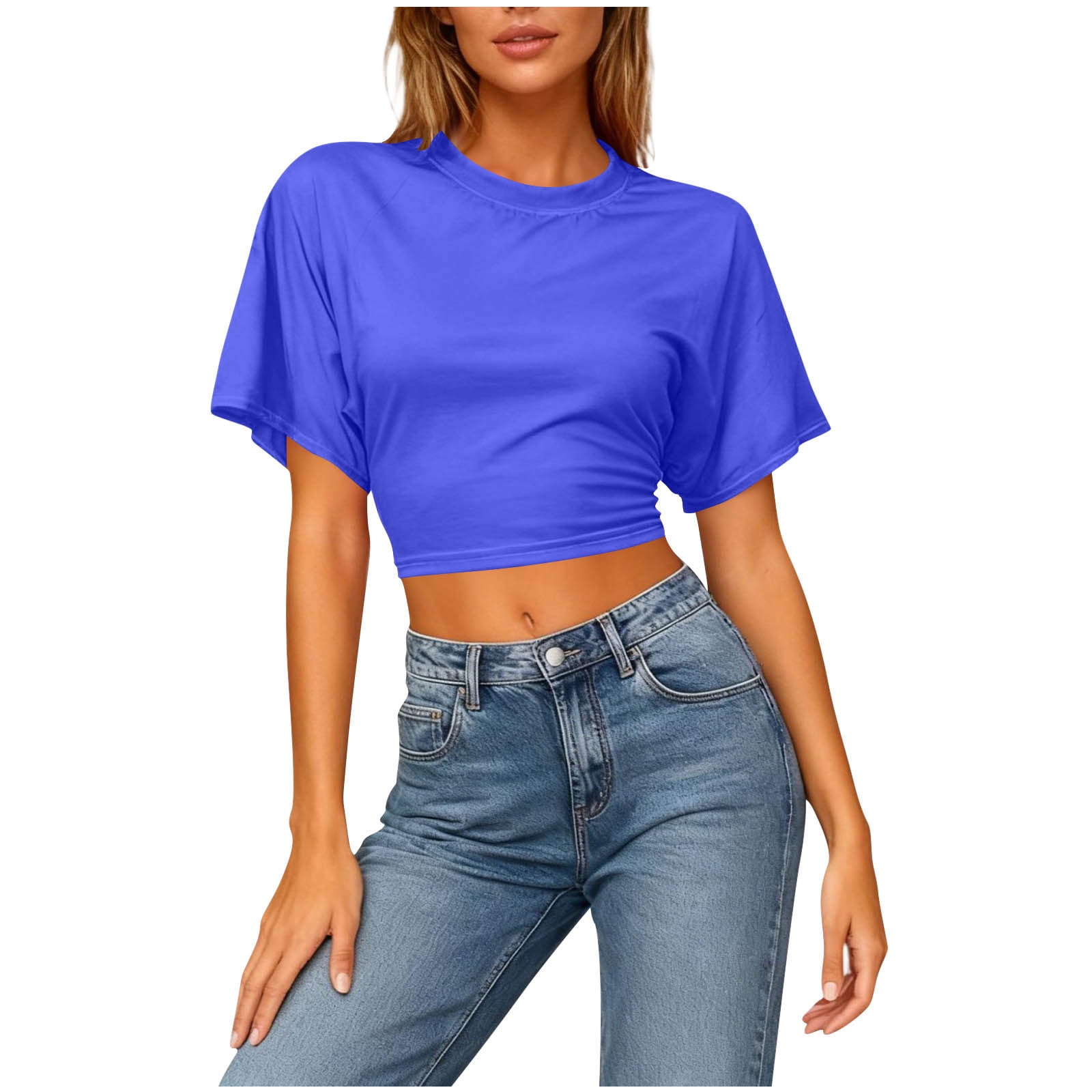 Royal Blue Short 3/4 Length Batwing Sleeve Tshirts for Women Fall ...