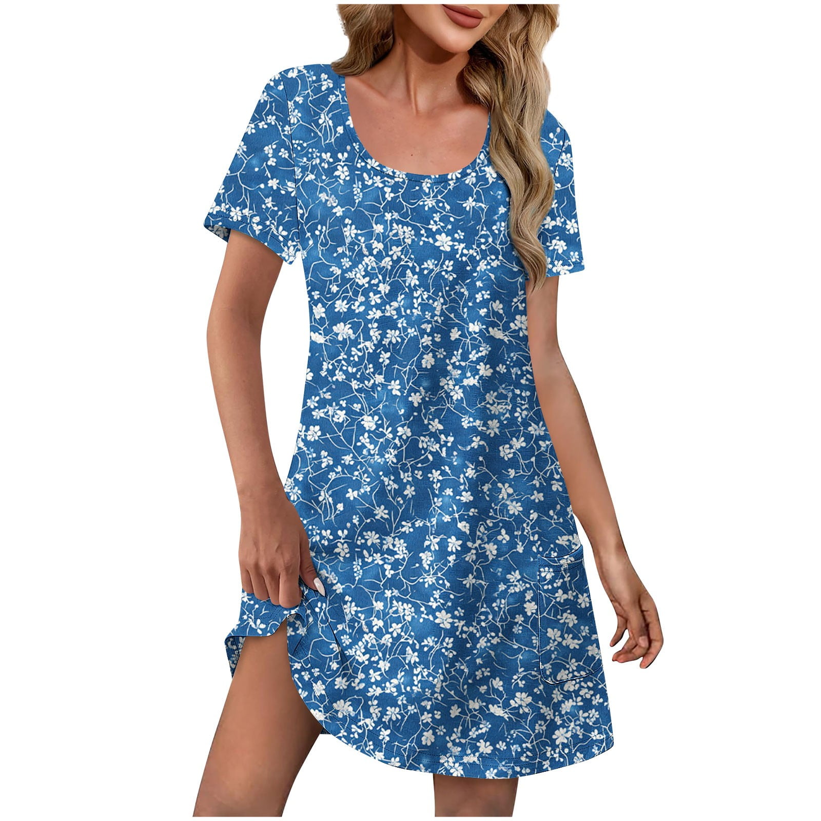 Royal Blue Short Sleeve Dress for Women Summer Fall Boat V Neck Graphic ...