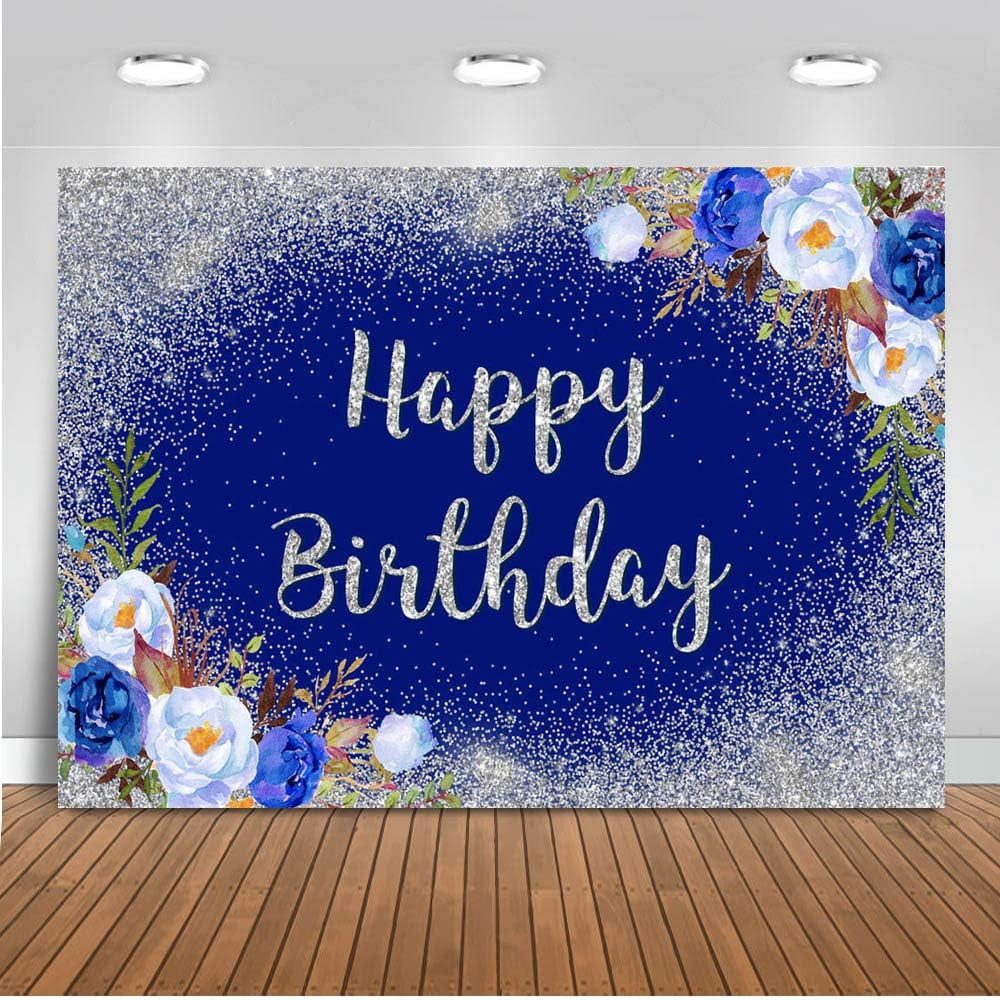 Royal Blue Silver Happy Birthday Backdrop Women Sweet Girl's Birthday ...