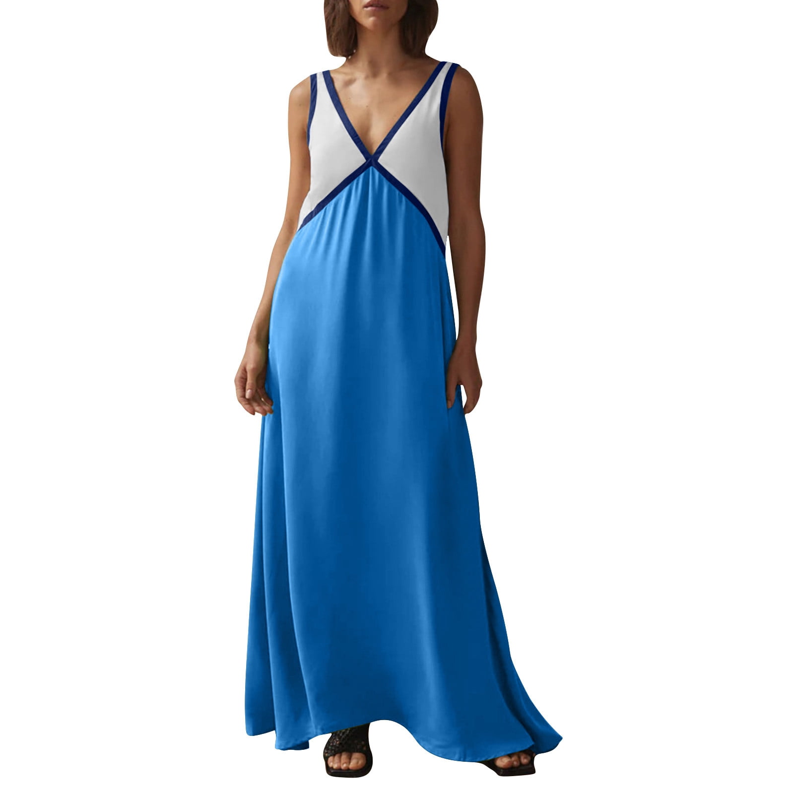 Royal Blue Sleeveless for Women Fall Summer Vneck Color Block Long ...