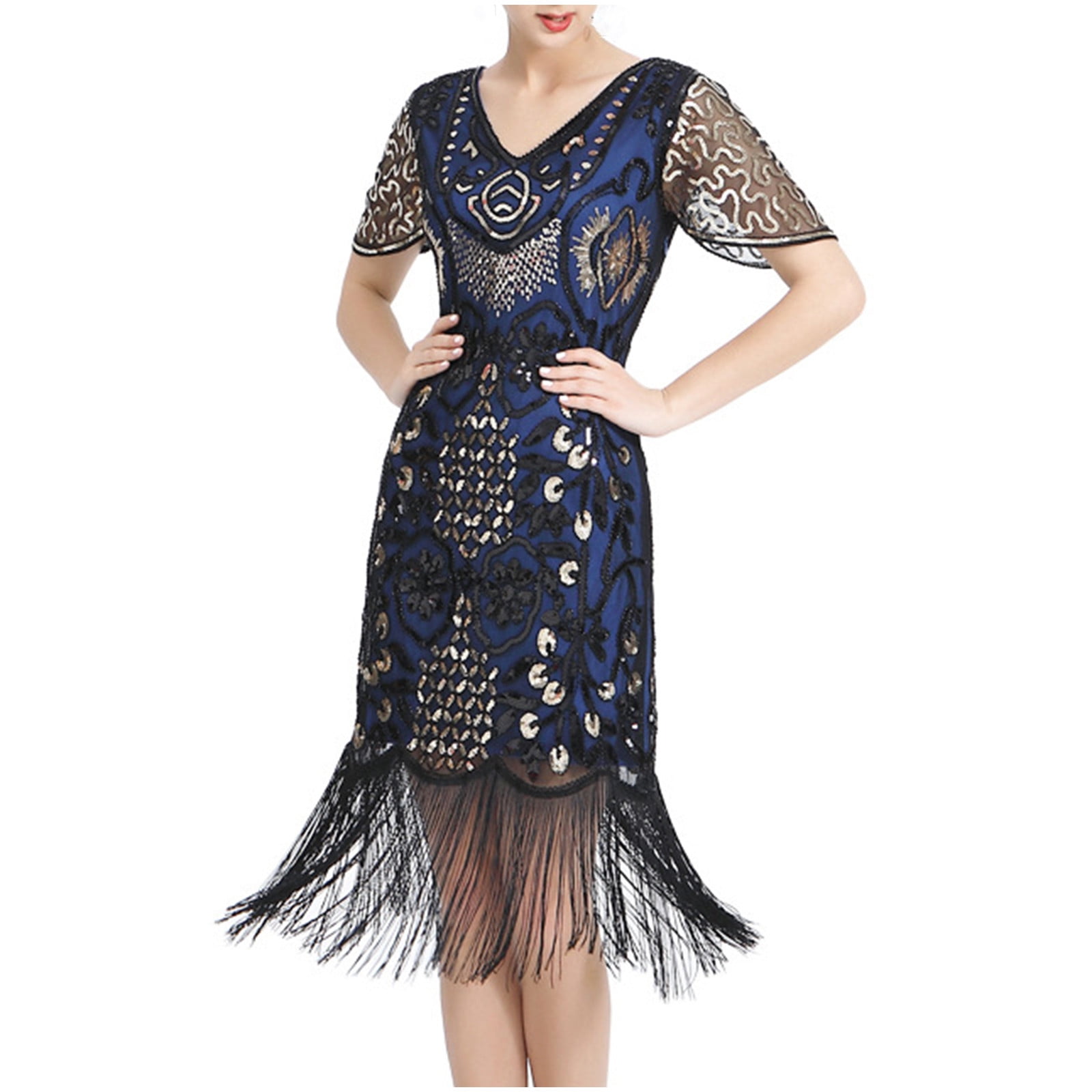 Royal Blue for Teen Girls Fall Summer Sleeve Maxi Long Sequin Bling Fringe Sexy Keyhole Eyelet ...