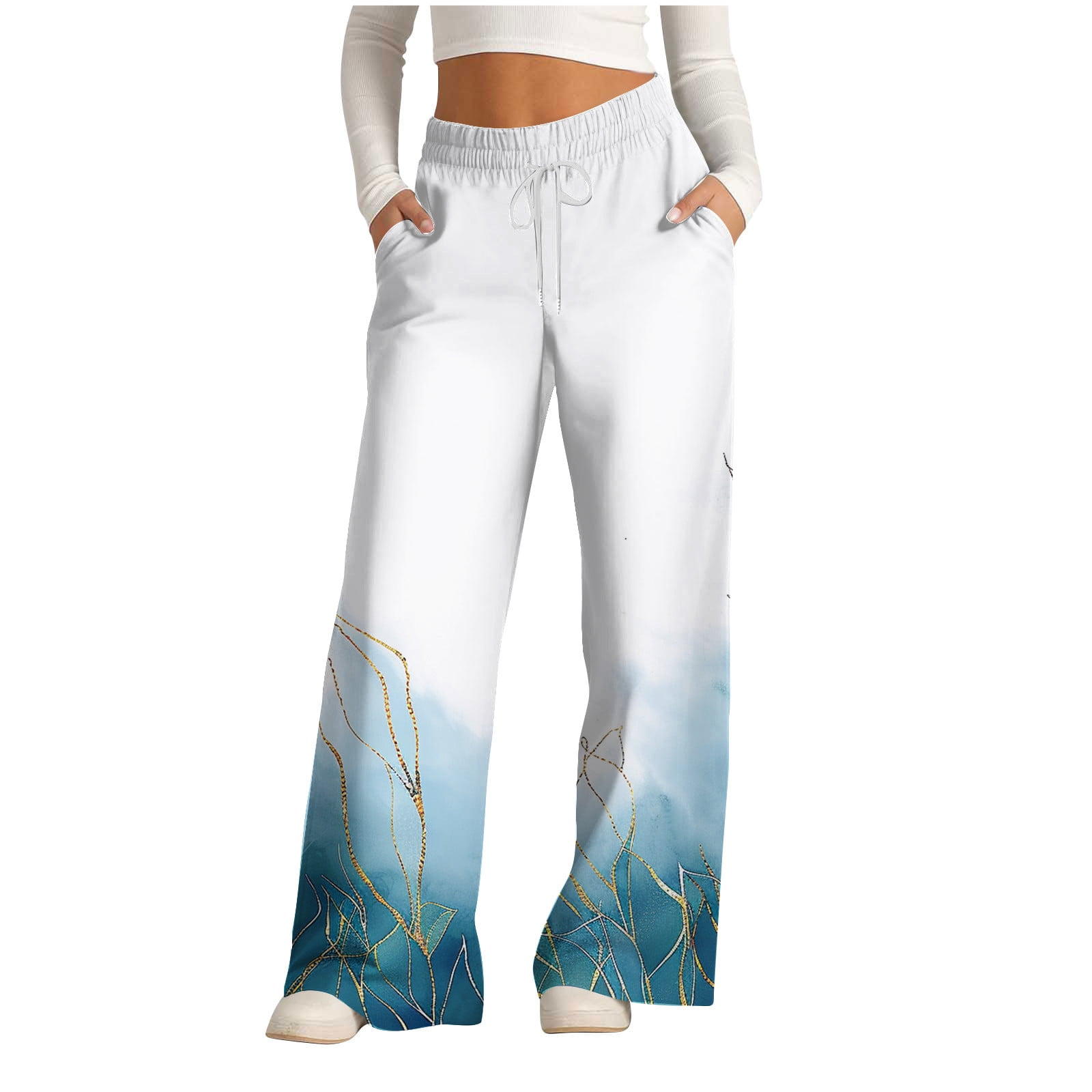 Royal Blue Women Brunch Pants for Women Spandex Floral Print Loose Fit ...