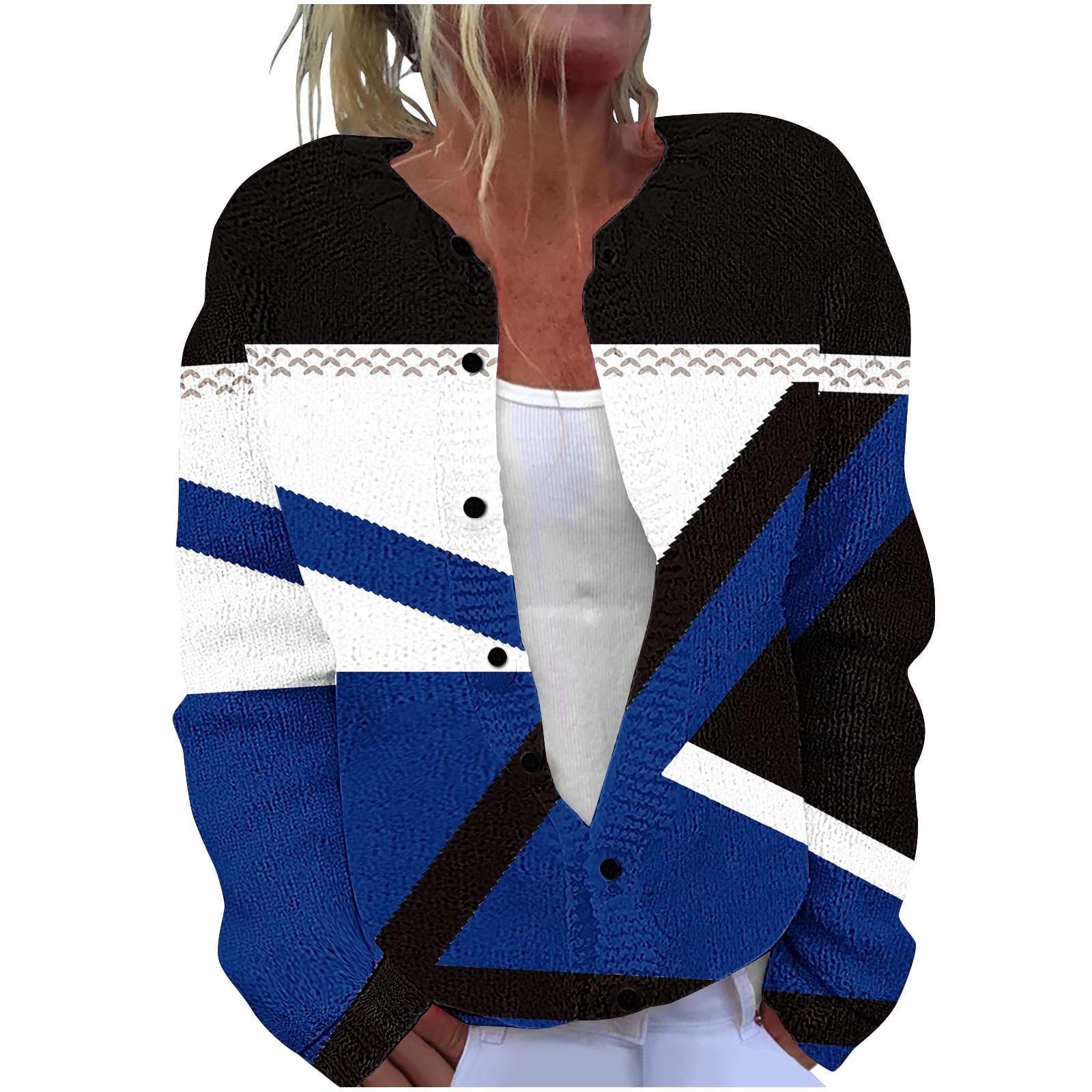 Royal Blue Women Color Block Graphic Jackets Outfit for Women Brunch ...