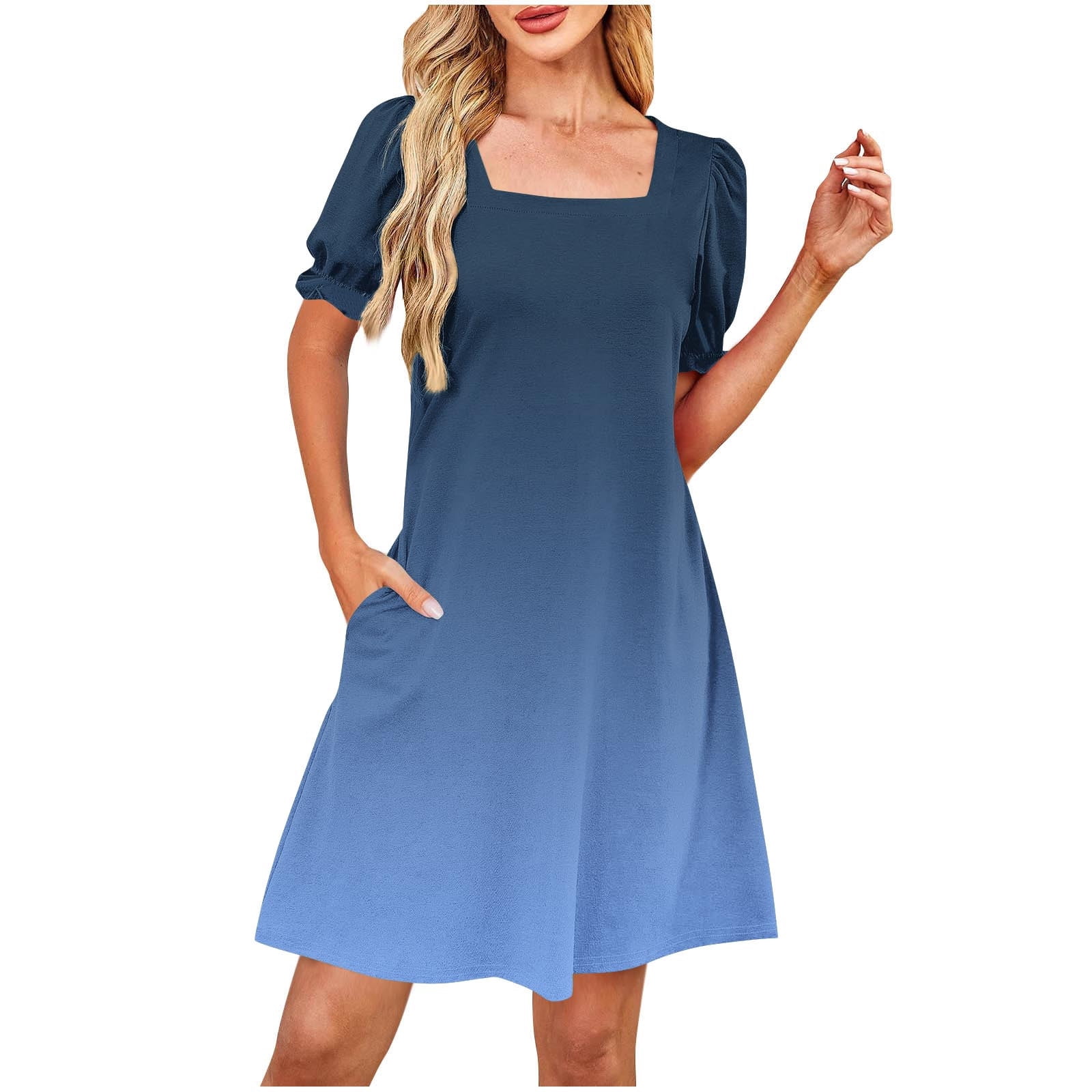 Royal Blue Women Lounge Short Sleeve Dresses for Women Square Neck ...
