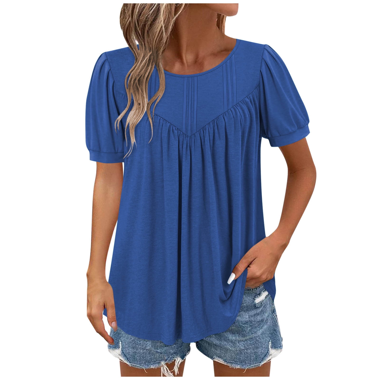 Royal Blue Women Pleated Plain Tops Loose Fit Blouses for Women Short ...
