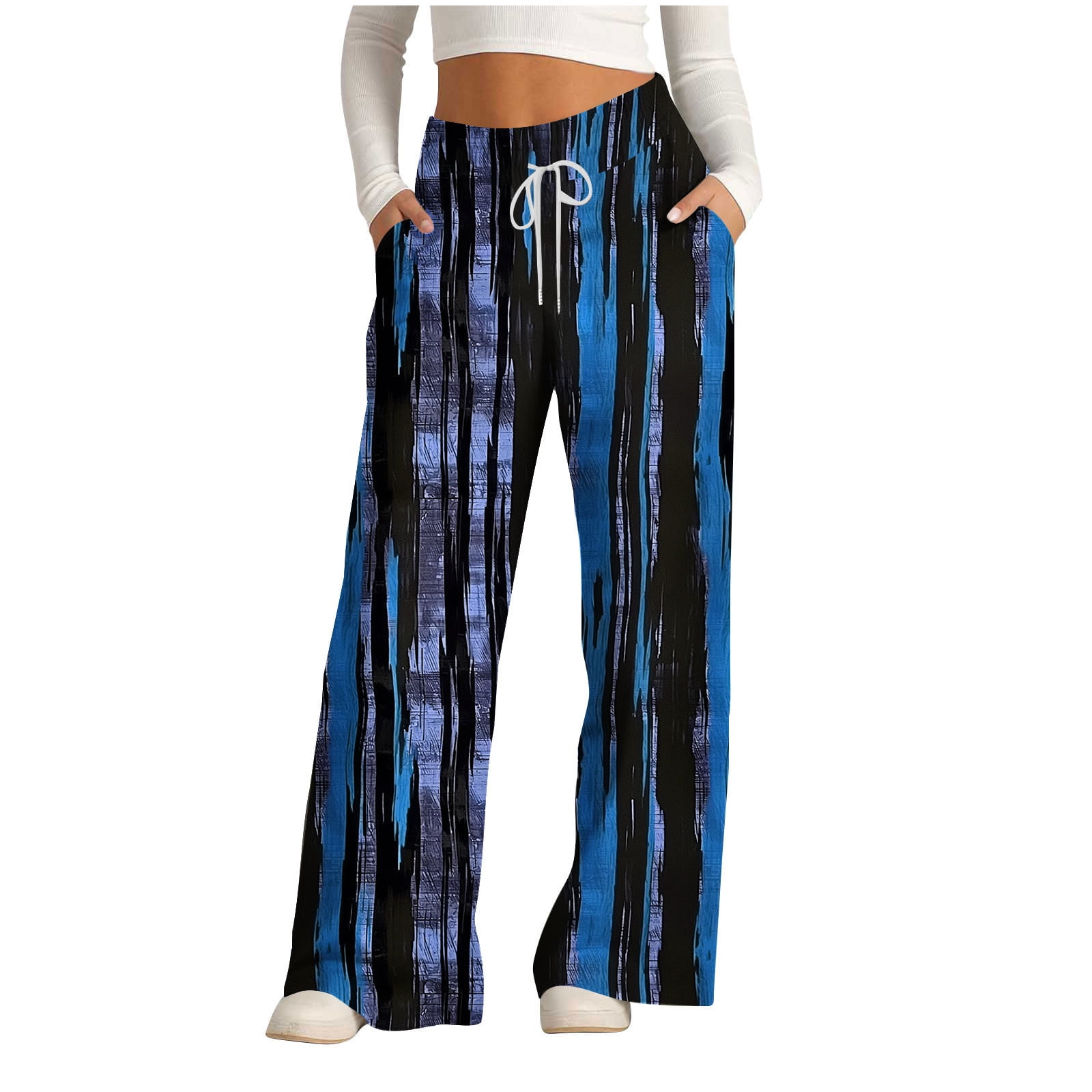 Royal Blue Women Tie Dye High Cut Striped Straight Leg Long Leg Pants ...