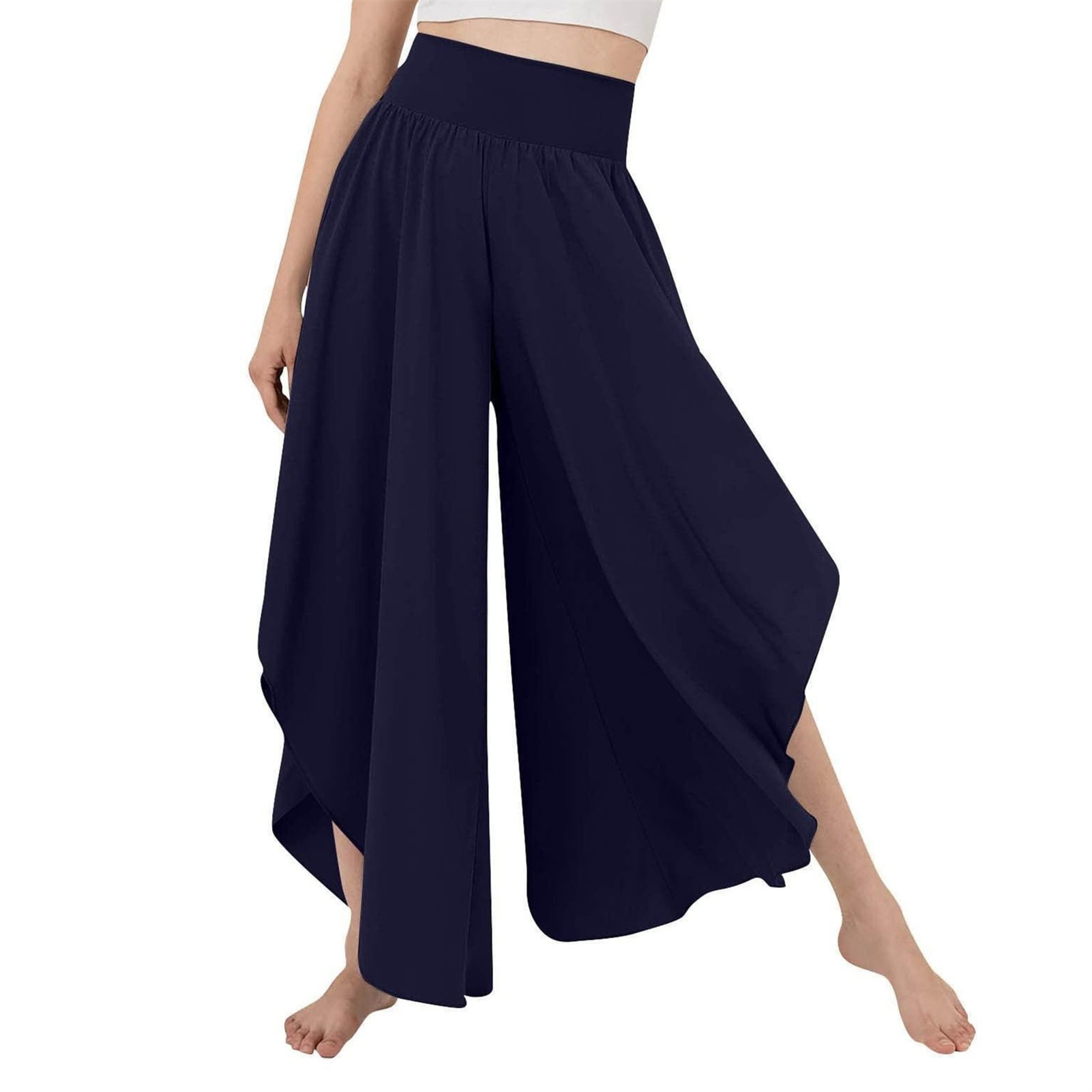 Royal Blue Women's Wide Leg Pleated Pants with Asymmetric Hem - Plain ...