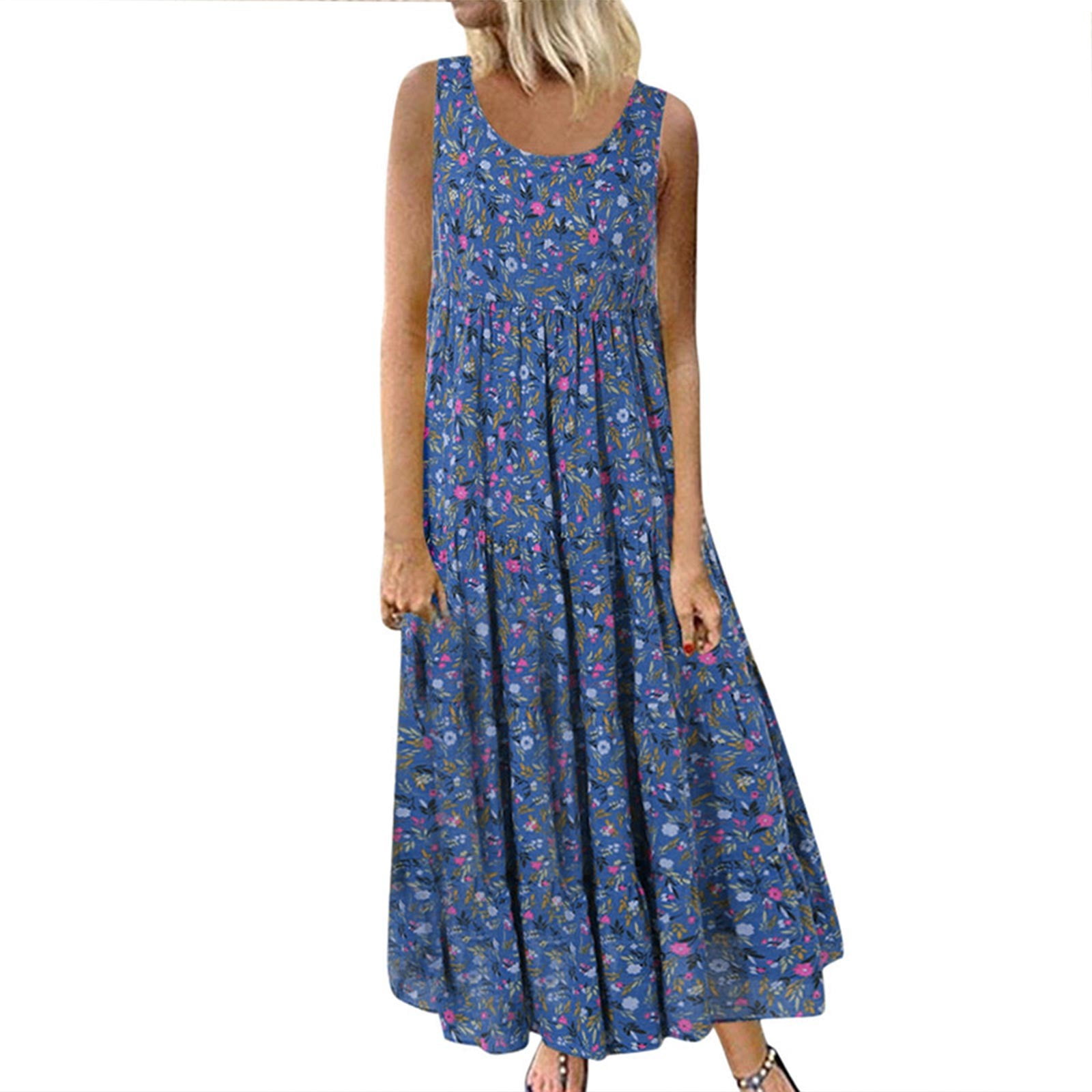 Royal Blue Womens Beach Brunch Sleeveless Dresses for Ladies Crewneck ...