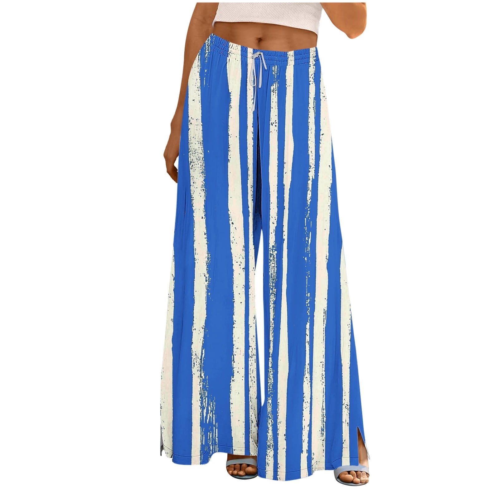 Royal Blue Womens Print Trousers Pants for Ladies Casual Pleated Slit ...
