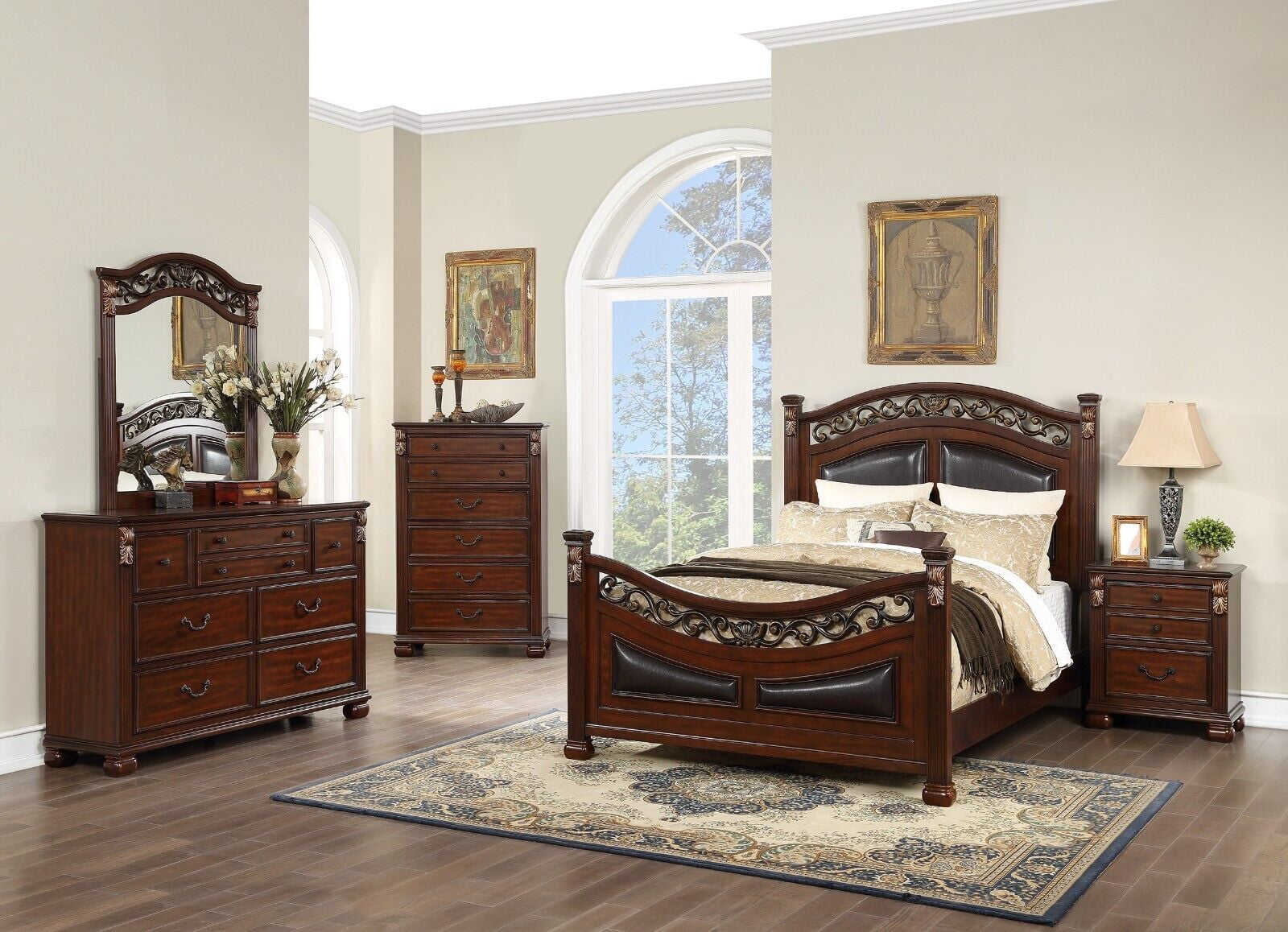 Royal Classic Traditional Queen Bed Dresser Mirror Nightstand Brown Finish 4pc Set Bedroom ...