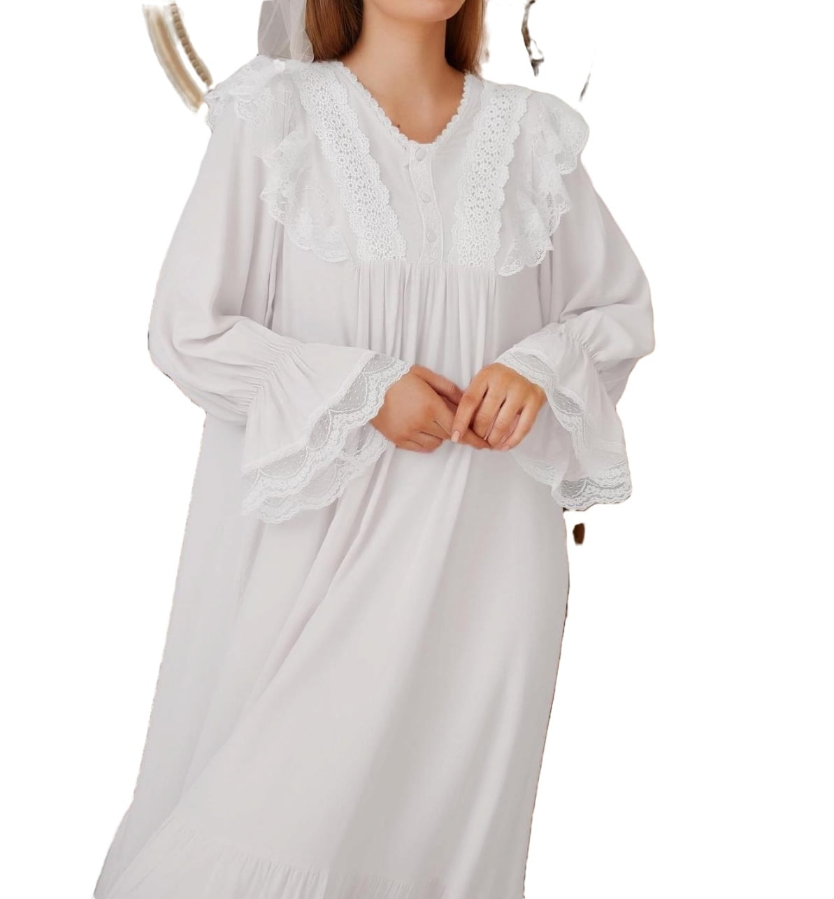 Royal Contrast Lace Nightgowns V neck Sleepwear White Women's ...