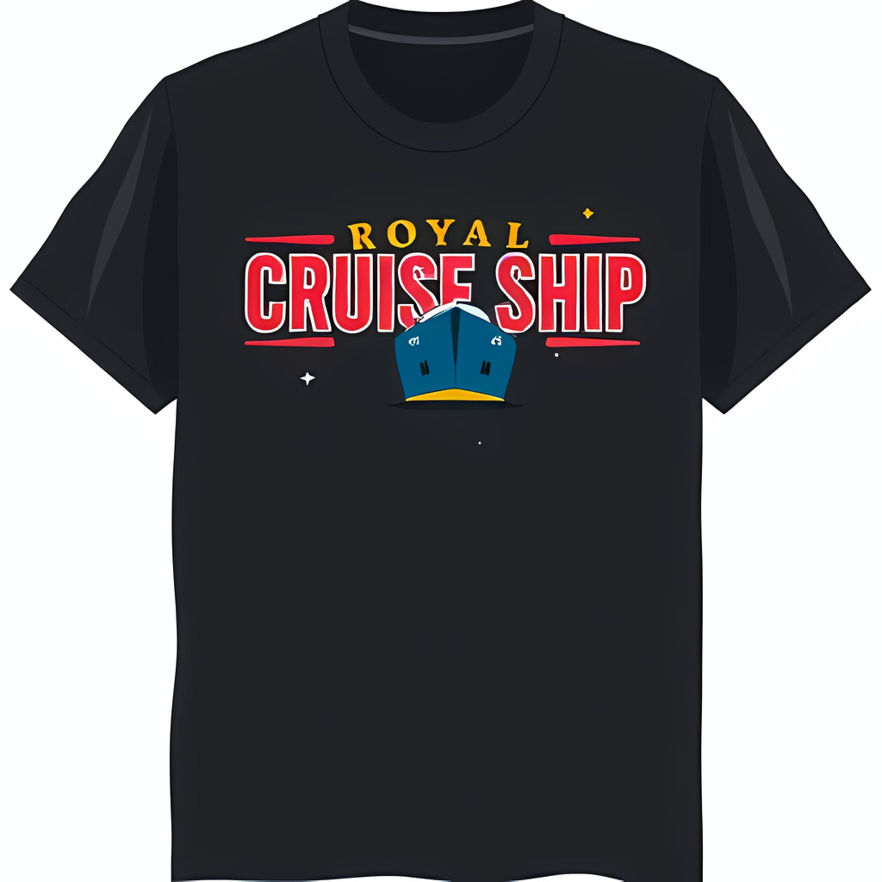 Royal Cruise Ship Black T-Shirt with Bold Red Text & Cartoon Ship ...