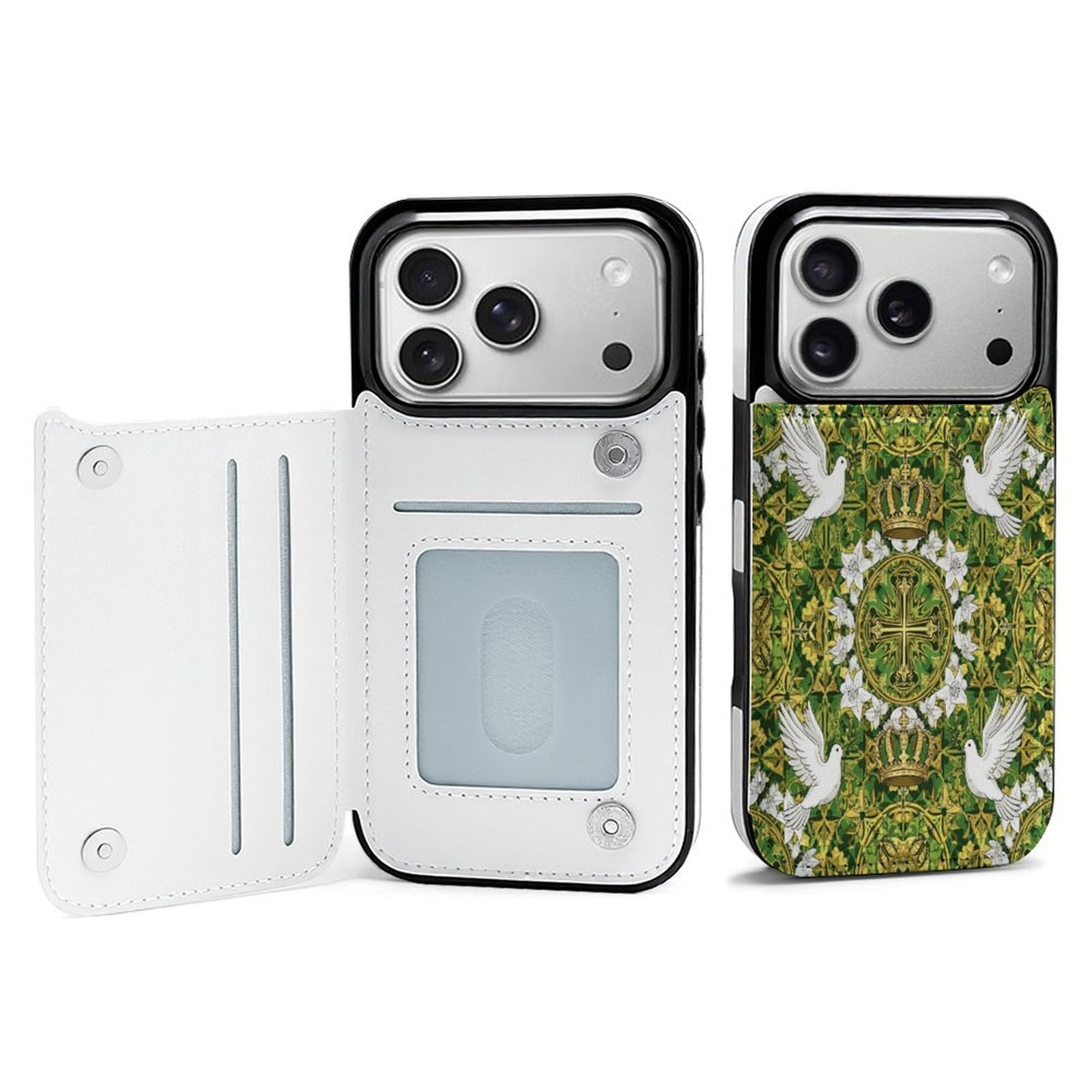 Royal Doves Crowns Green Floral Pattern Leather Wallet Case for iPhone ...