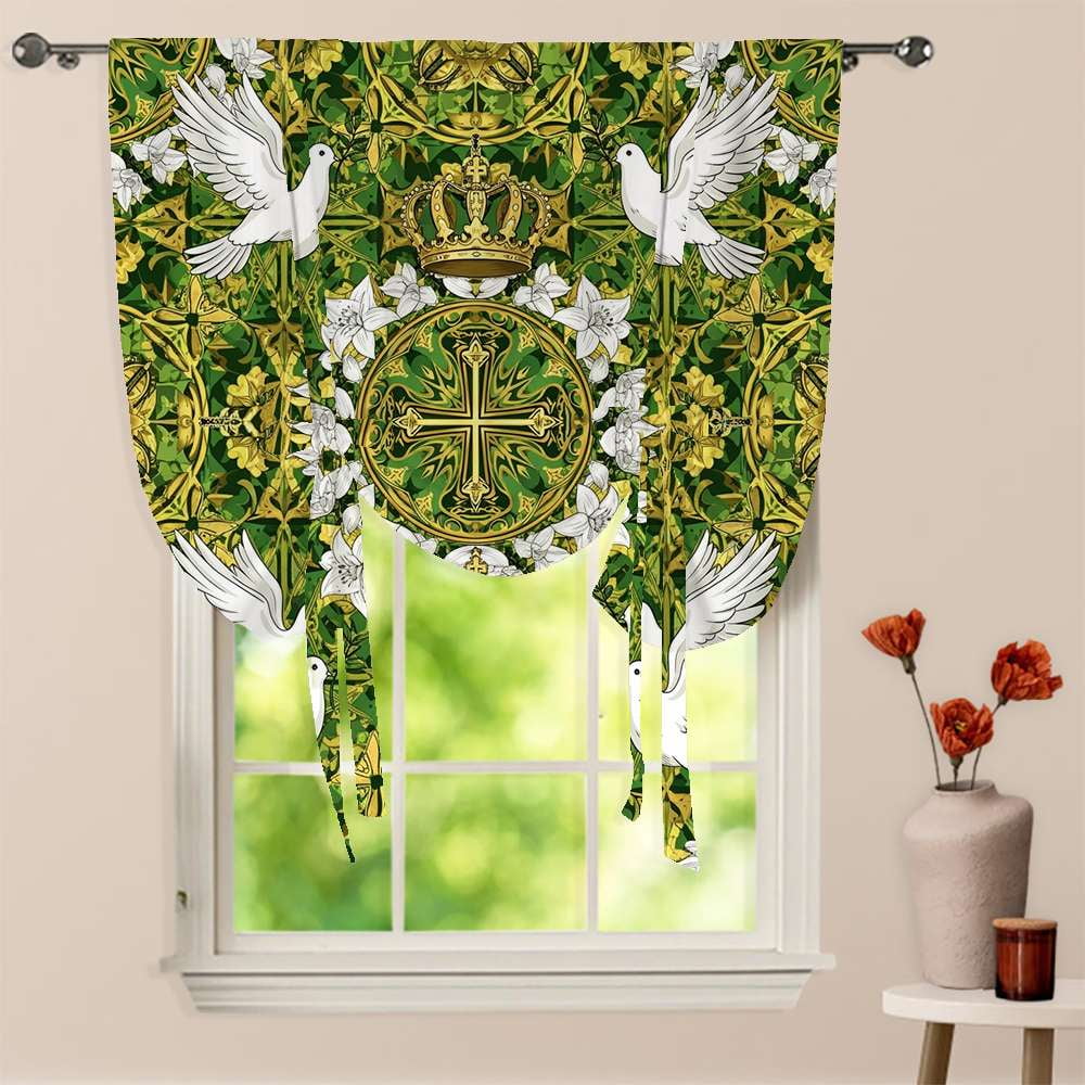 Royal Doves Crowns Green Floral Pattern Window Curtain for Living Room ...