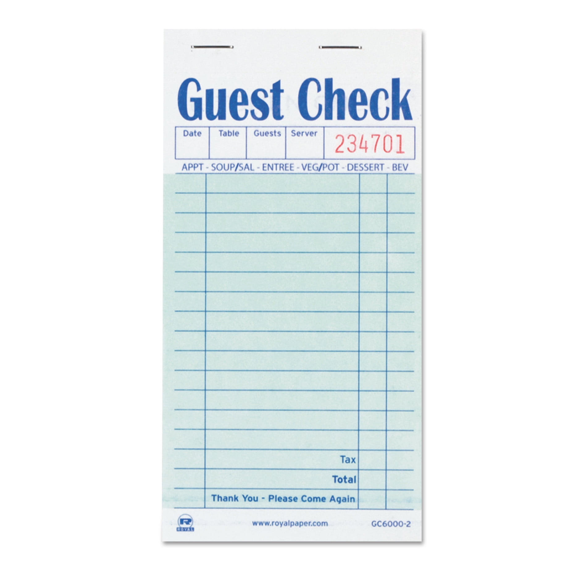 Royal Green Guest Check Paper, Interleaved Carbon 2 Part Booked ...