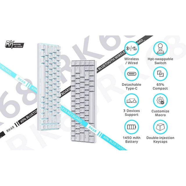 Royal Kludge RK68 White Wireless Swappable Keyboard Red Switch USB22 ...