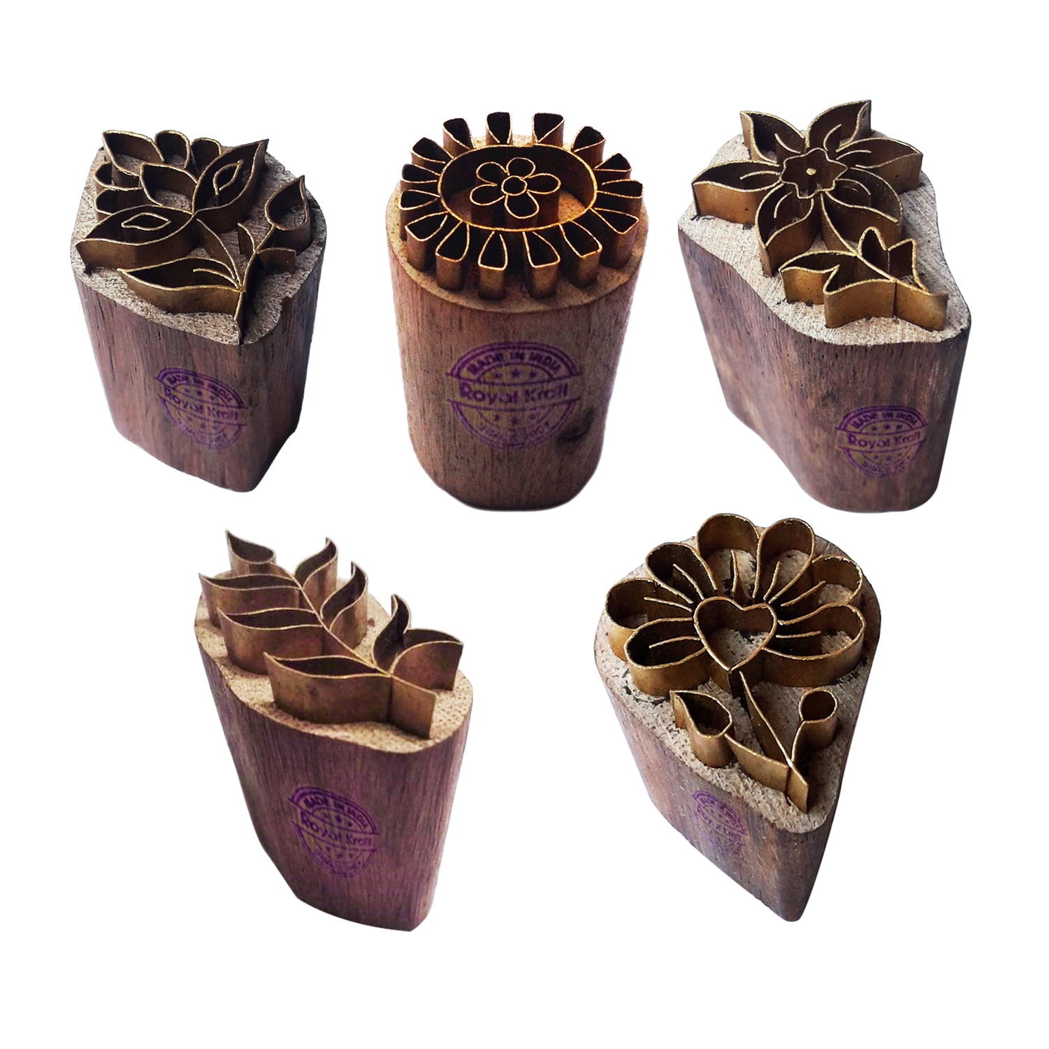 Royal Kraft Floral Brass Wooden Printing Stamps (Set of 5) - DIY Clay ...