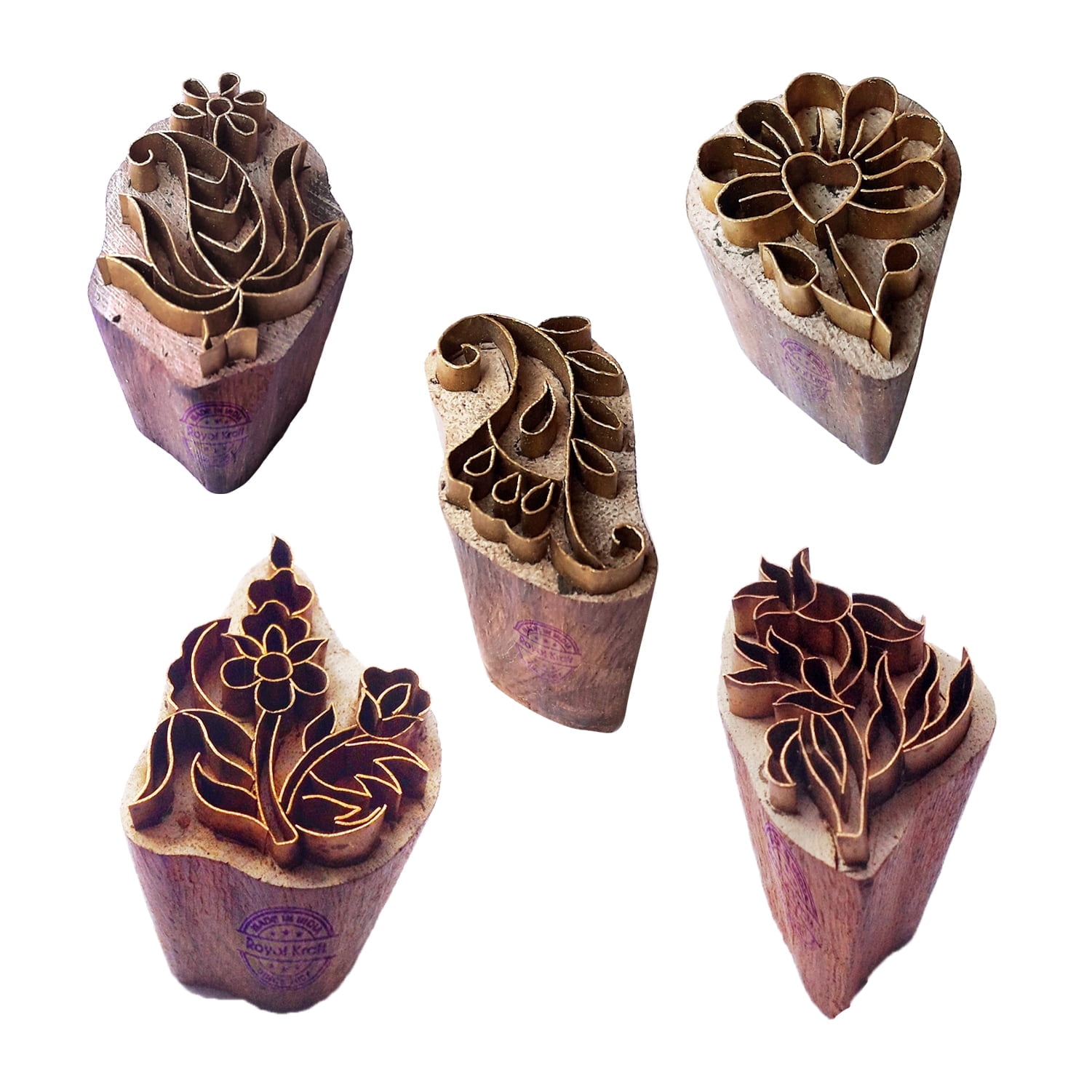 Royal Kraft Floral Brass Wooden Printing Stamps (Set of 5) - DIY Fabric ...