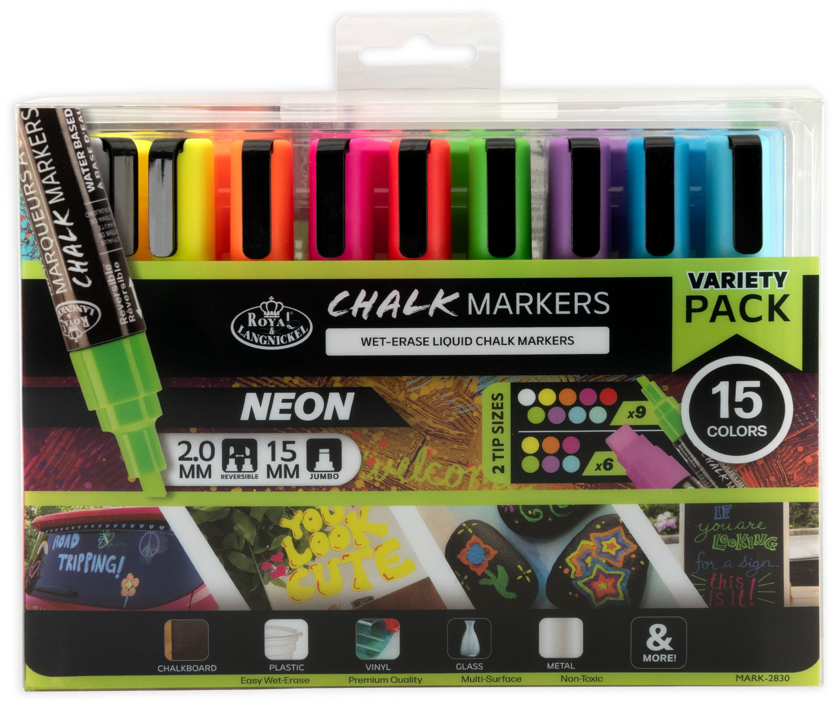 Royal & Langnickel - 15pc Neon Chalk Marker Variety Set, 2MM and 15MM ...