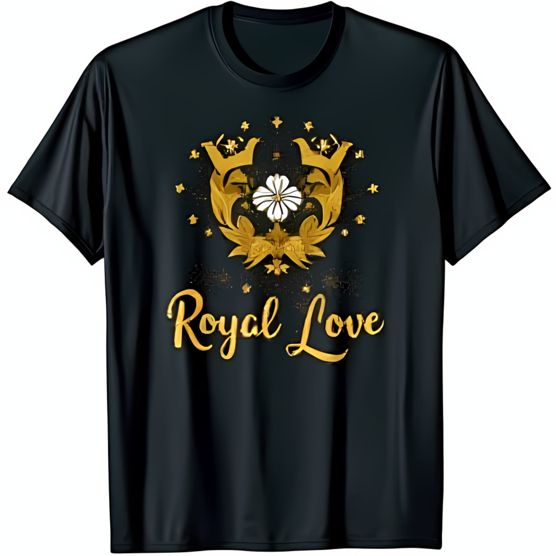 Royal Love Black T-Shirt with Gold Crowns White Flower & Leaf Design ...