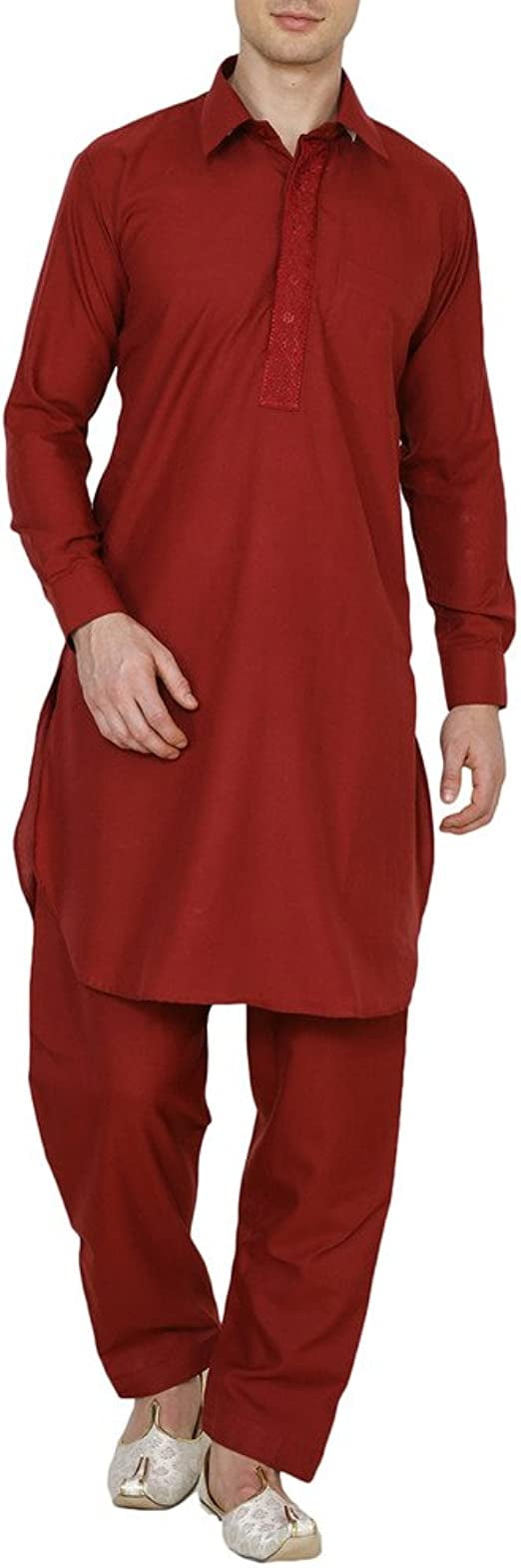 Royal Men's Traditional Neck Thread Embroidered Blended Pathani Suit ...
