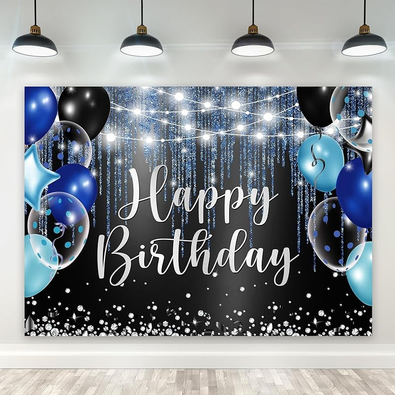 Royal Navy Blue Black Happy Birthday Backdrop for Men Boys 7Wx5H Feet Polyester Fabric Modern ...