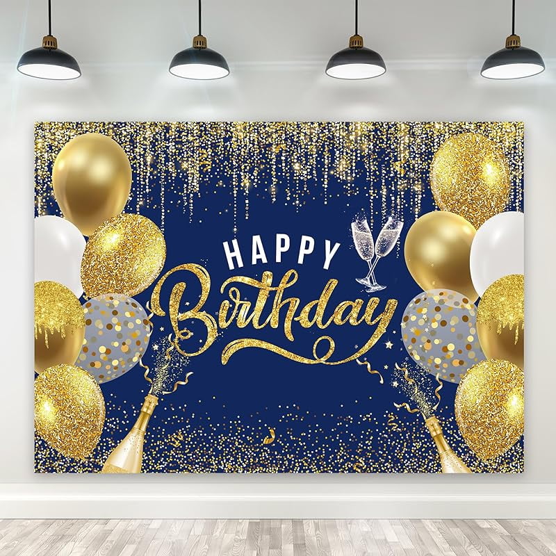 Royal Navy Blue Gold Happy Birthday Backdrop Balloons Champagne 7Wx5H Feet Polyester Fabric ...