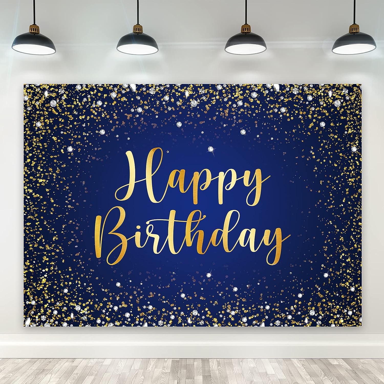 Royal Navy Blue Happy Birthday Backdrop Golden Dots Gold Spots Bokeh Feet Polyester Sparkle ...