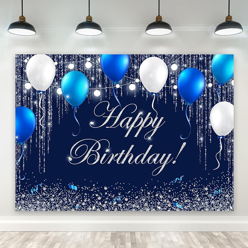 Royal Navy Blue Silver Happy Birthday Backdrop Balloons Diamonds Sparkle Bokeh Dots 7Wx5H Feet ...