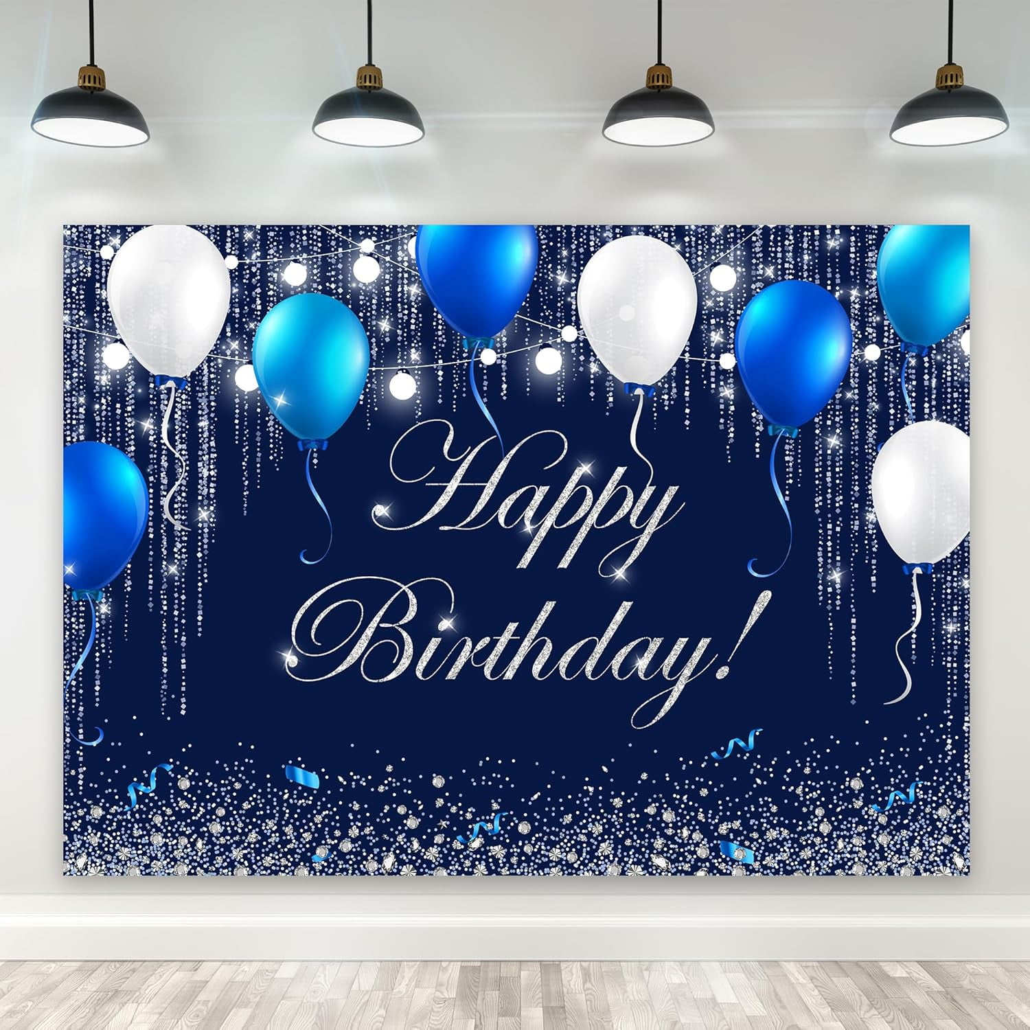 Royal Navy Blue Silver Happy Birthday Backdrop Balloons Diamonds Sparkle Bokeh Dots Polyester ...