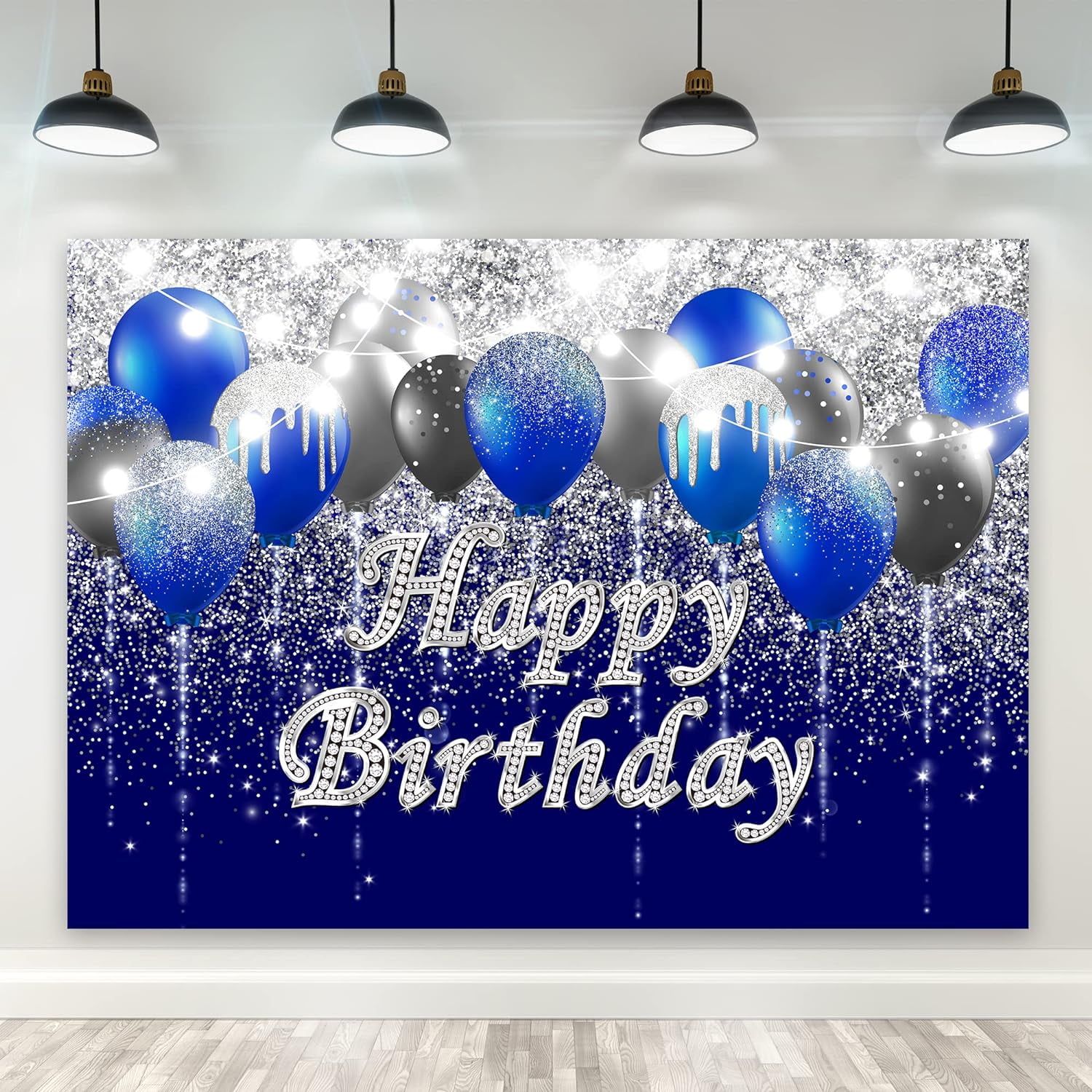 Royal Navy Blue Silver Happy Birthday Backdrop for Man Polyester Balloons Sparkle Diamond ...