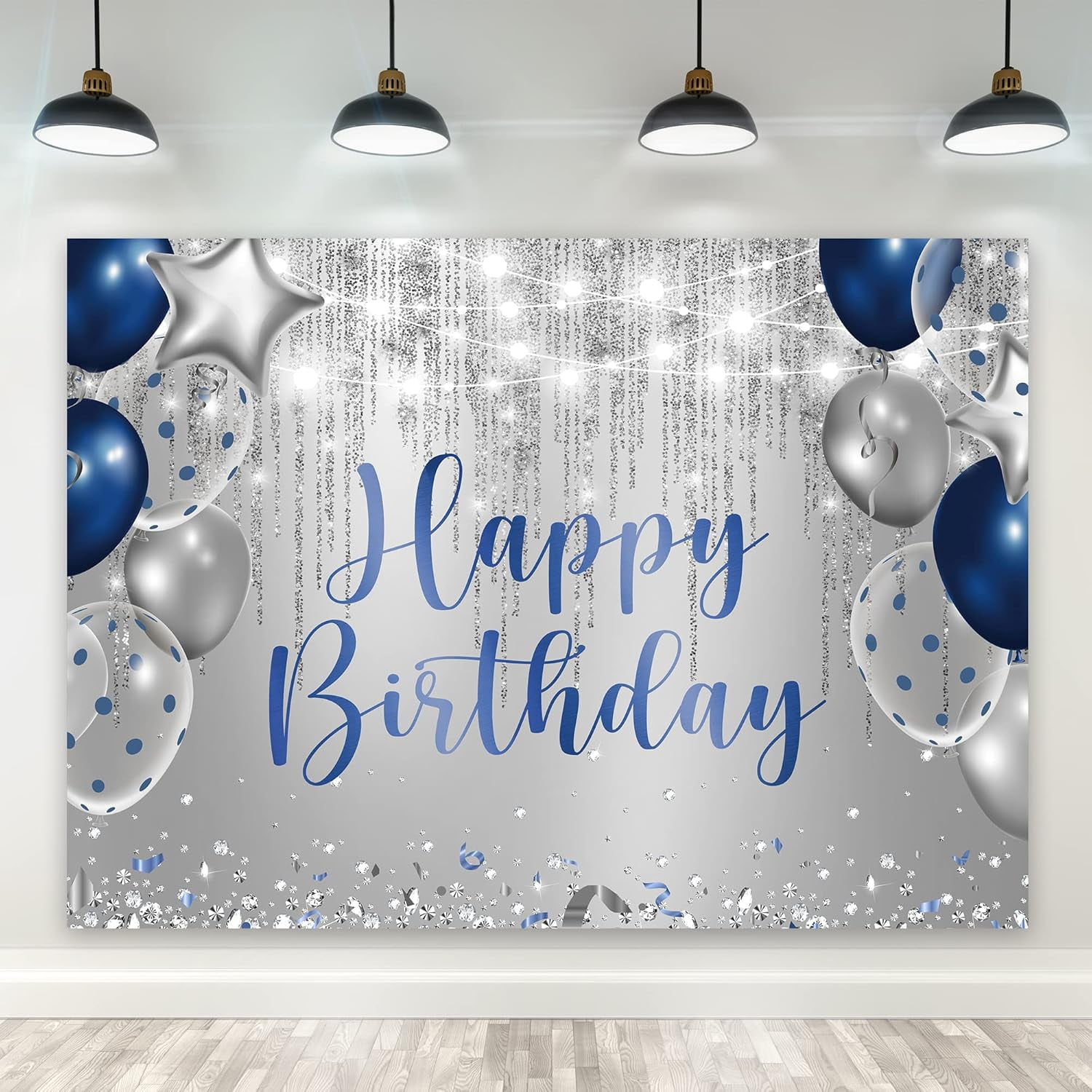 Royal Navy Blue Silver Happy Birthday Backdrop Party Decorations for Men Boys Balloon Diamond ...