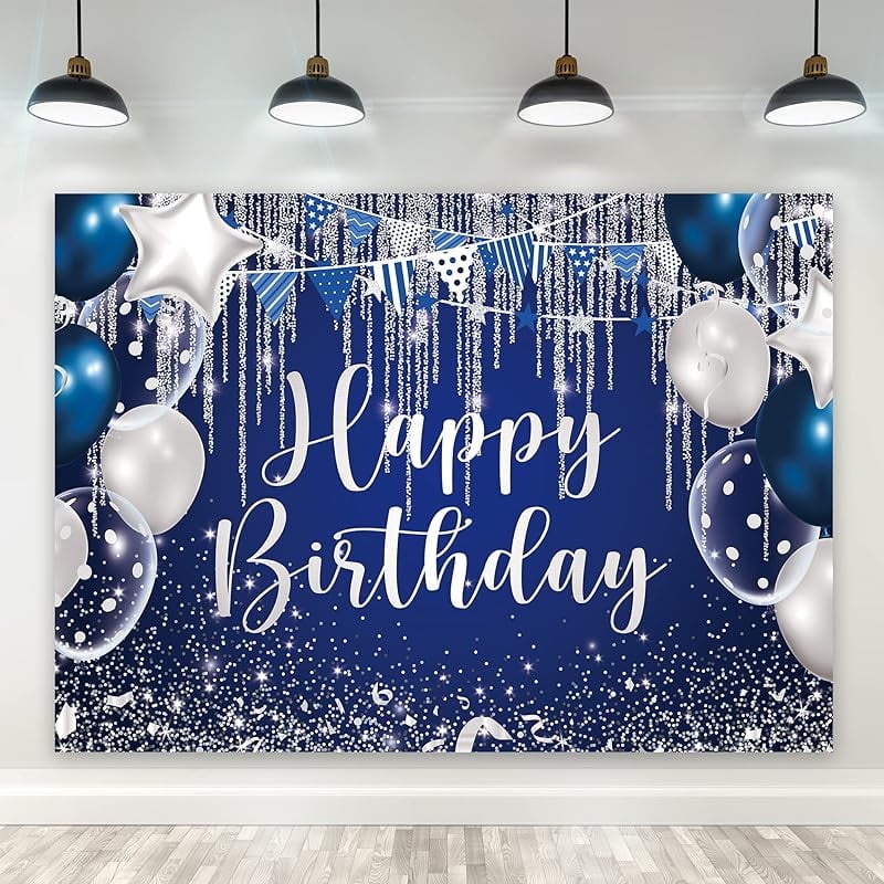 Royal Navy Blue and Silver Happy Birthday Party Backdrop Decorations for Man 7Wx5H Feet ...
