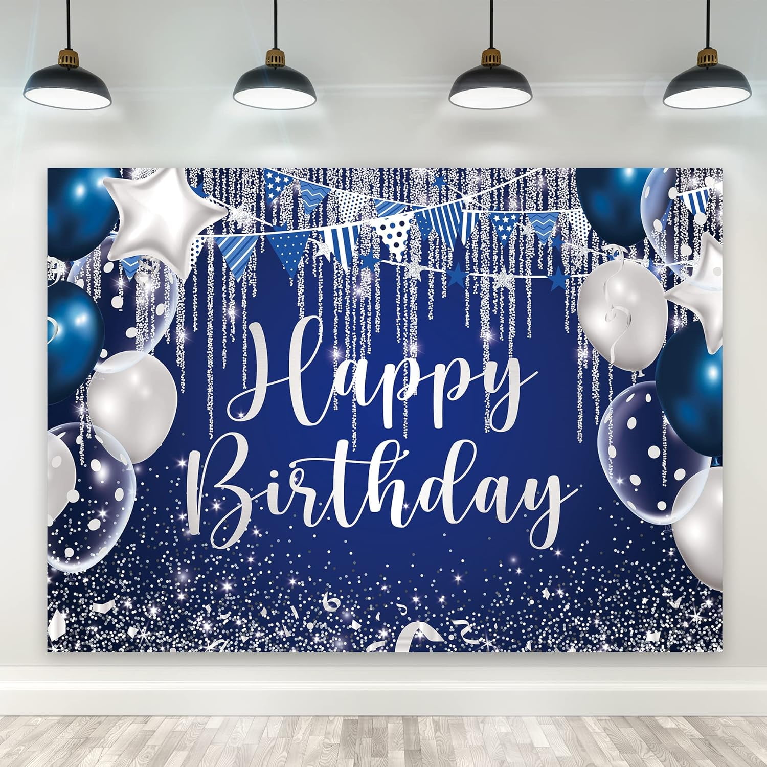 Royal Navy Blue and Silver Happy Birthday Party Backdrop Decorations for Man Polyester Balloons ...