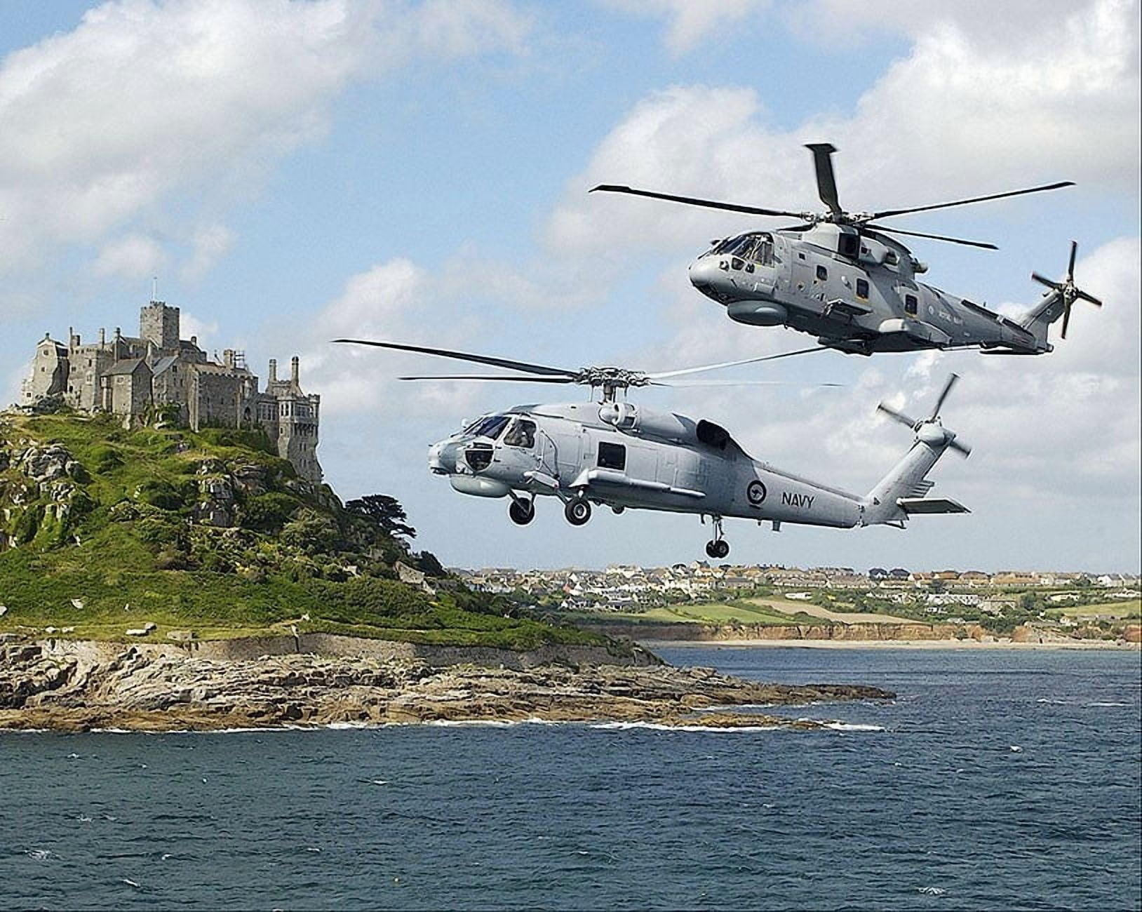 Royal Navy Merlin and Seahawk Over St. Michael's Mount - 12x18 Inch ...