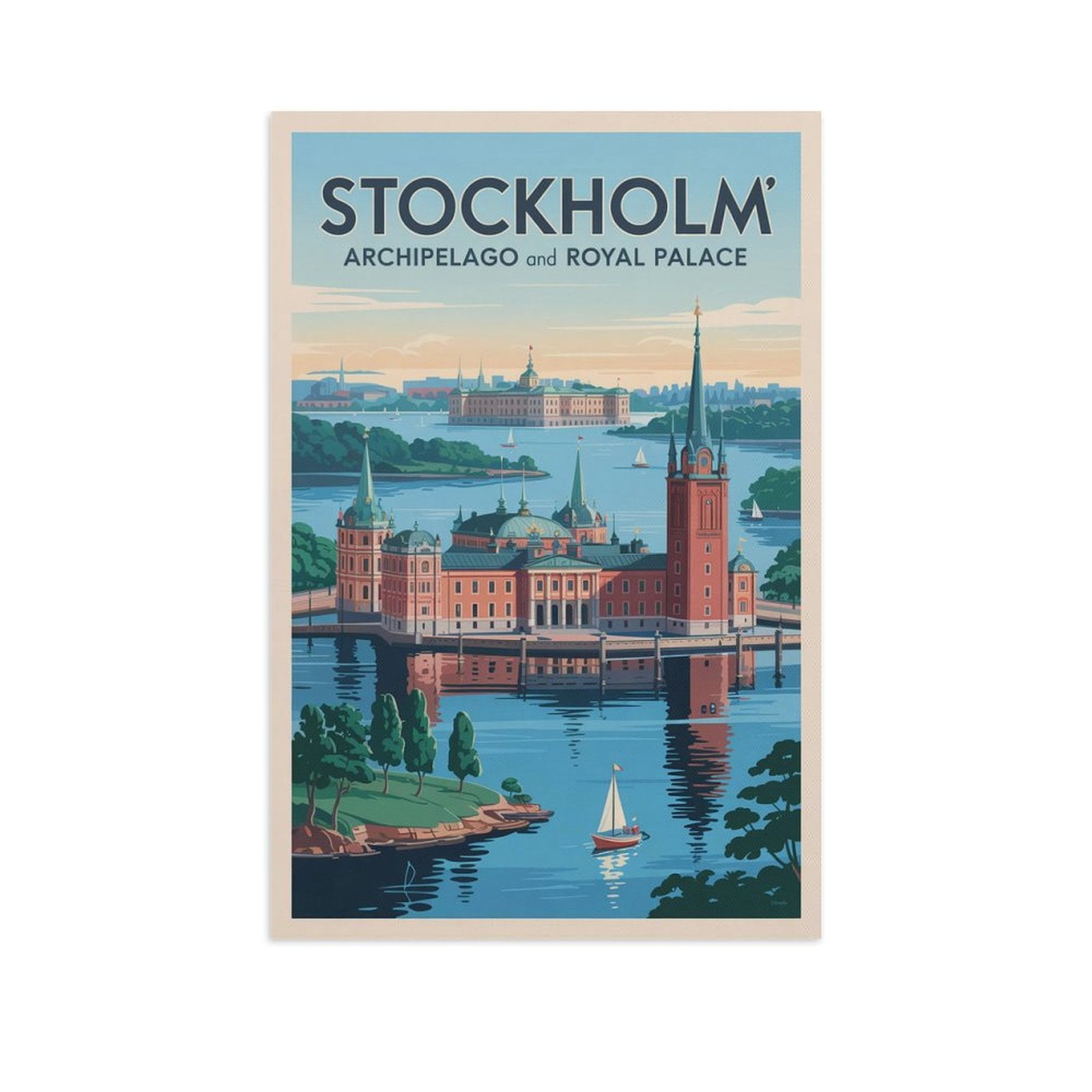 Royal Palace Classic Poster Retro Stockholm Cityscape with Water Views ...