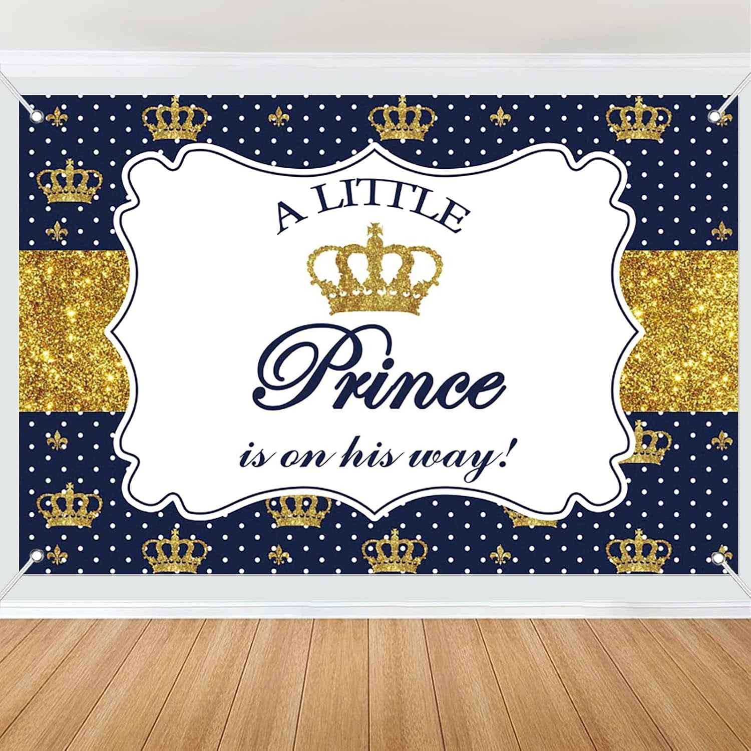 Royal Prince Baby Shower Backdrop Glitter Gold Crown White Dots Blue Background A Little Prince ...