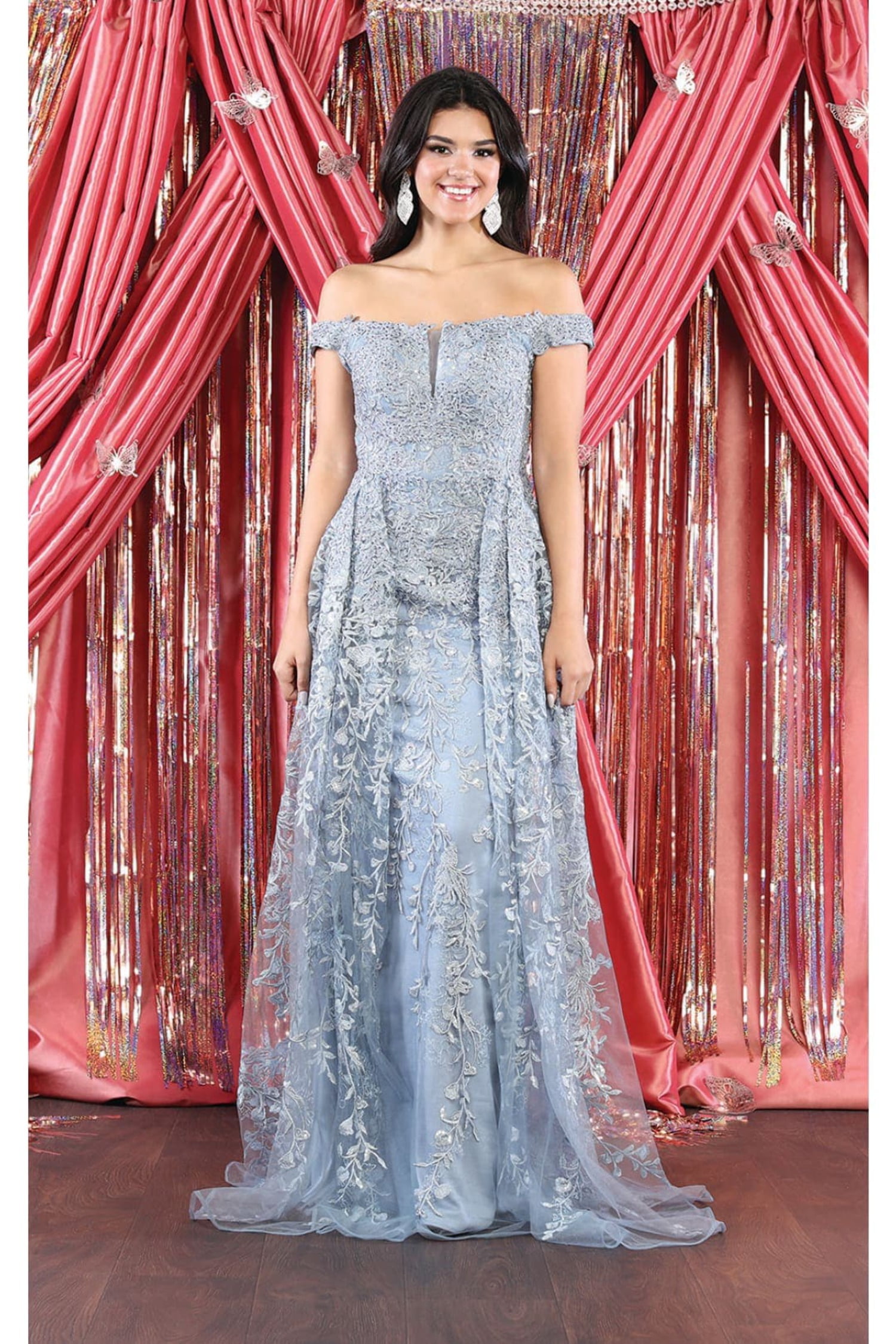 Royal Queen RQ8000 Off The Shoulder Sheath Pageant Dress Dusty Blue 6 ...