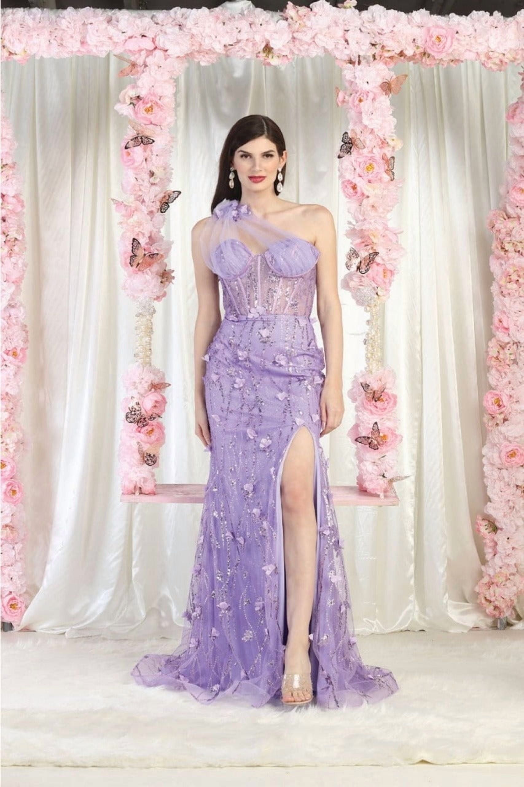 Women's Royal Blue Queen RQ8027 Illusion One Shoulder Embellished ...