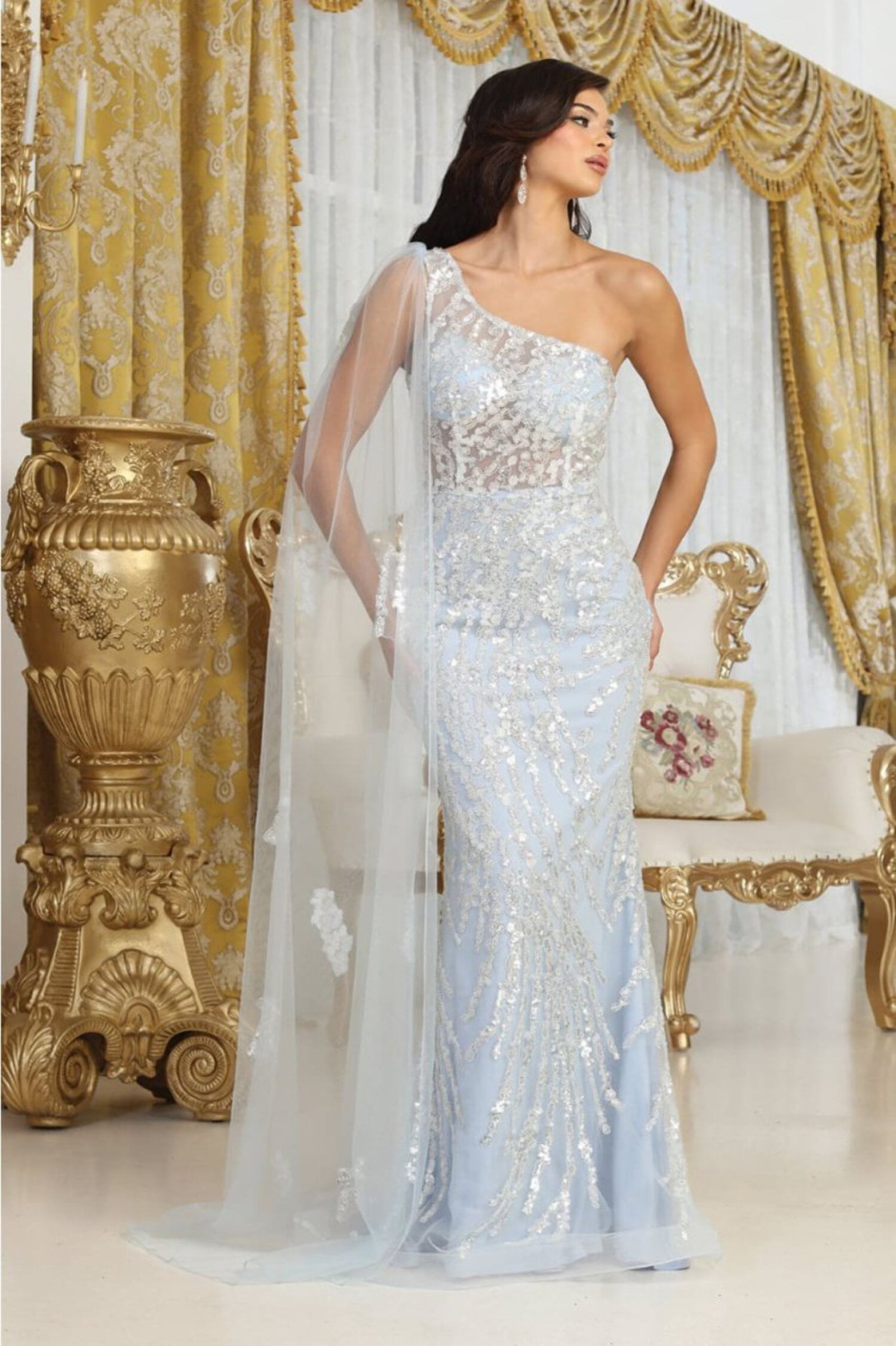 Royal Queen RQ8075 Juniors Womens Beaded Sheer Bodice One-Shoulder Prom ...
