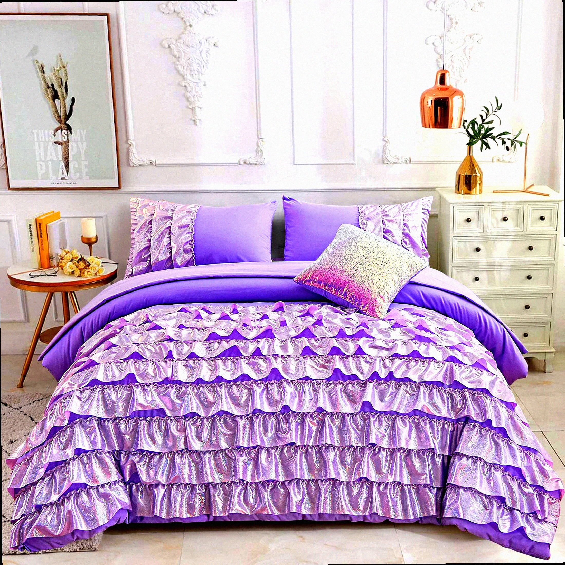 Royal Ruffle Sequin Comforter Set - 6pcs Queen Bedding Waterfall ...