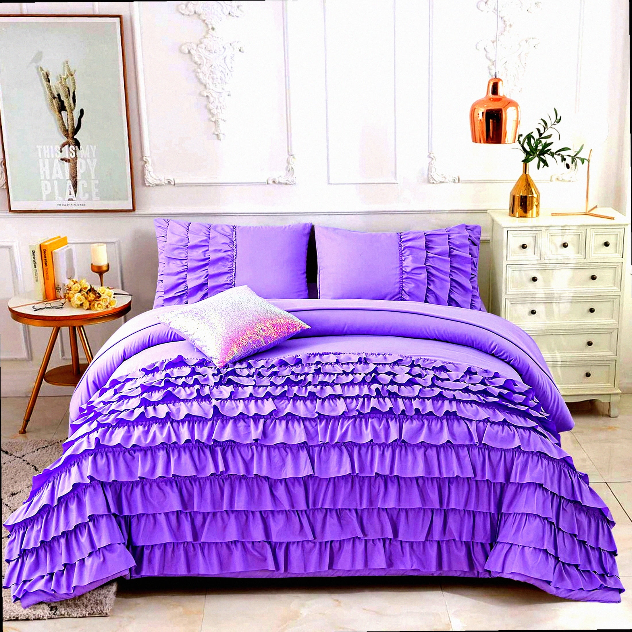 Royal Ruffle Sequin Comforter Set - 6pcs Queen Bedding Waterfall ...