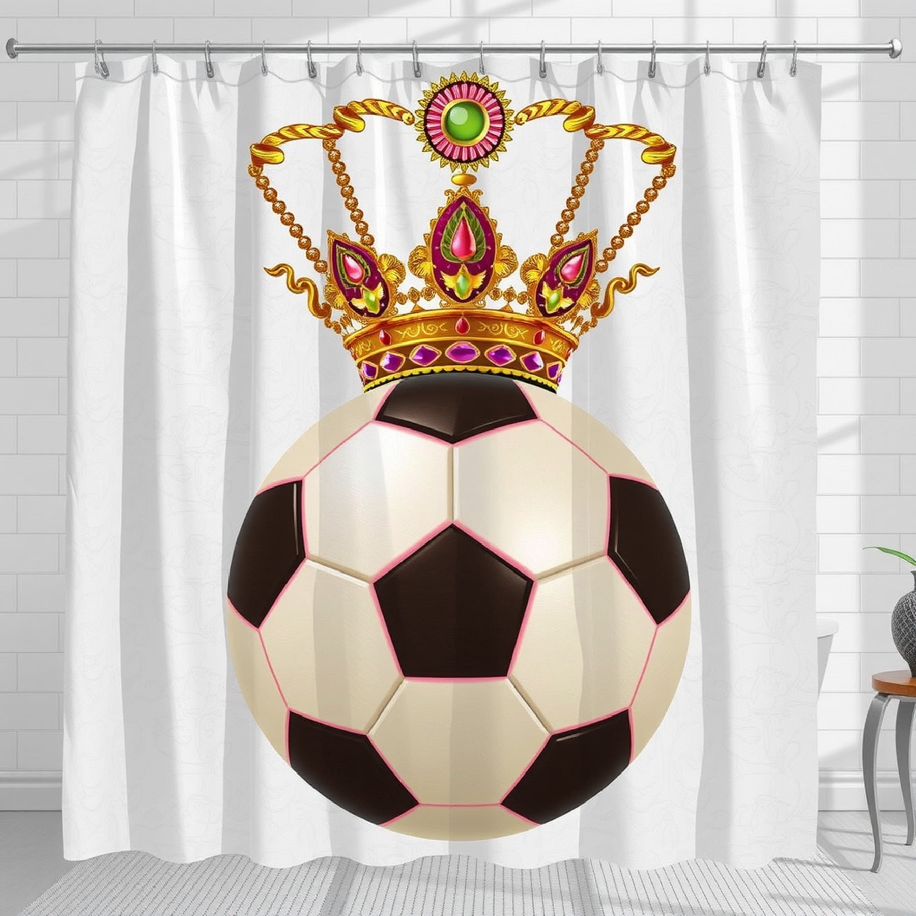 Royal Soccer Ball Shower Curtain - White with Jeweled Crown Design ...