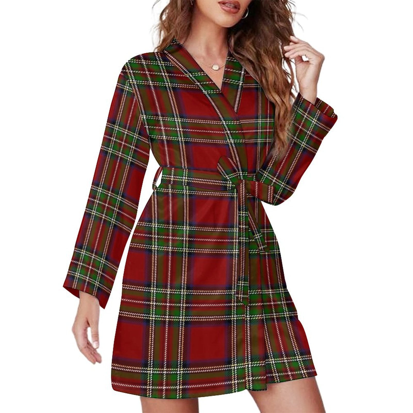 Royal Stewart Tartan Large Night Robe Long Sleeve V Neck Robe With Belt ...